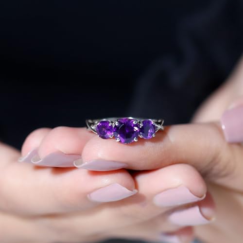 Natural Certified Amethyst 3 Stone Engagement Ring, AAA Quality, Past Present Future Ring - With Jewelry Box, 14K White Gold, Size:US 9.00