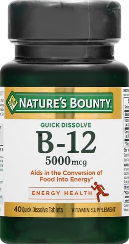 Nature's Bounty Vitamin B12, Quick Dissolve Vitamin Supplement, Supports Energy Metabolism and Nervous System Health, 5000mcg, 40 Tablets