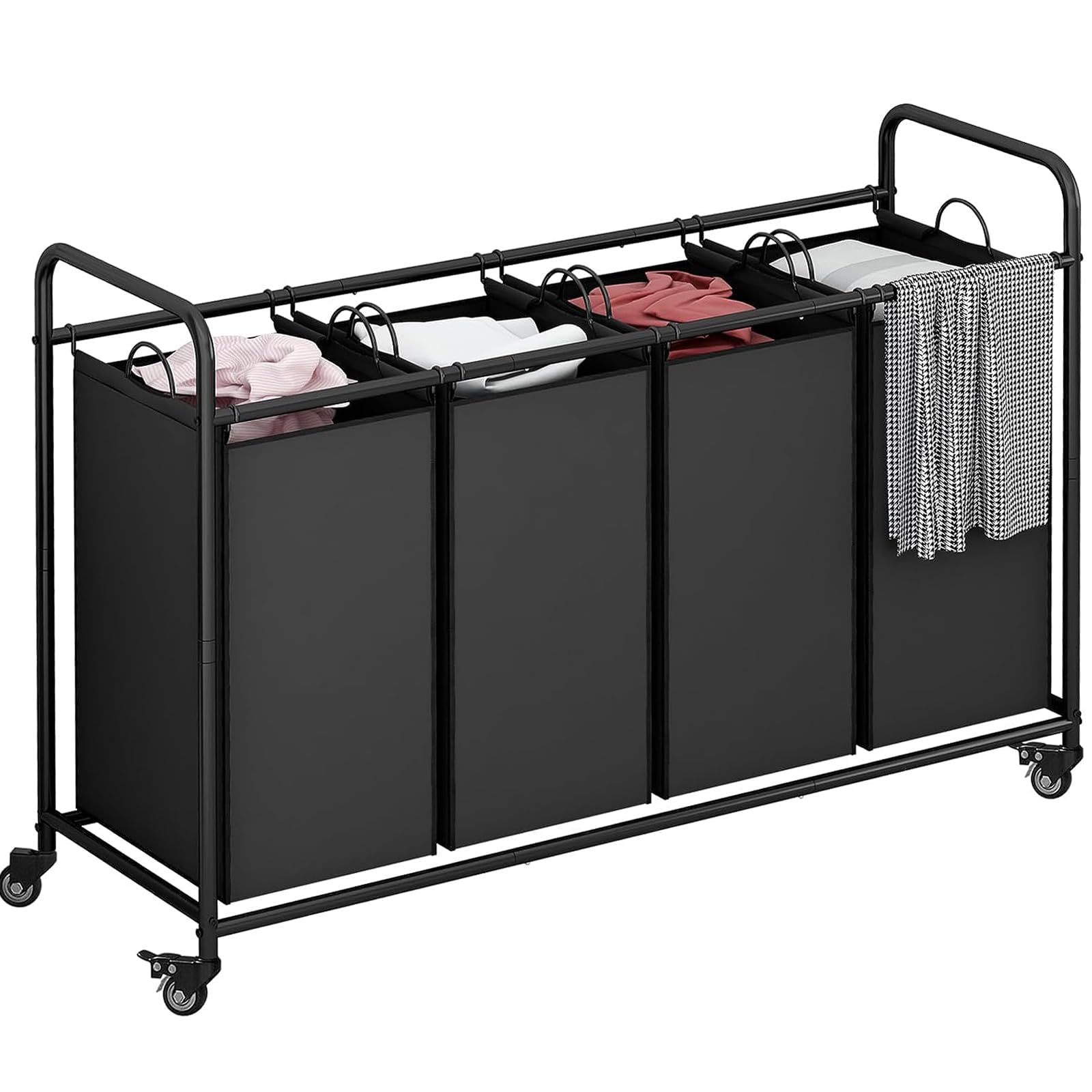 LINZINAR 4 Bag Laundry Basket Sorter Laundry Hamper Cart with Heavy Duty Rolling Lockable Wheels and Removable Bags,Black