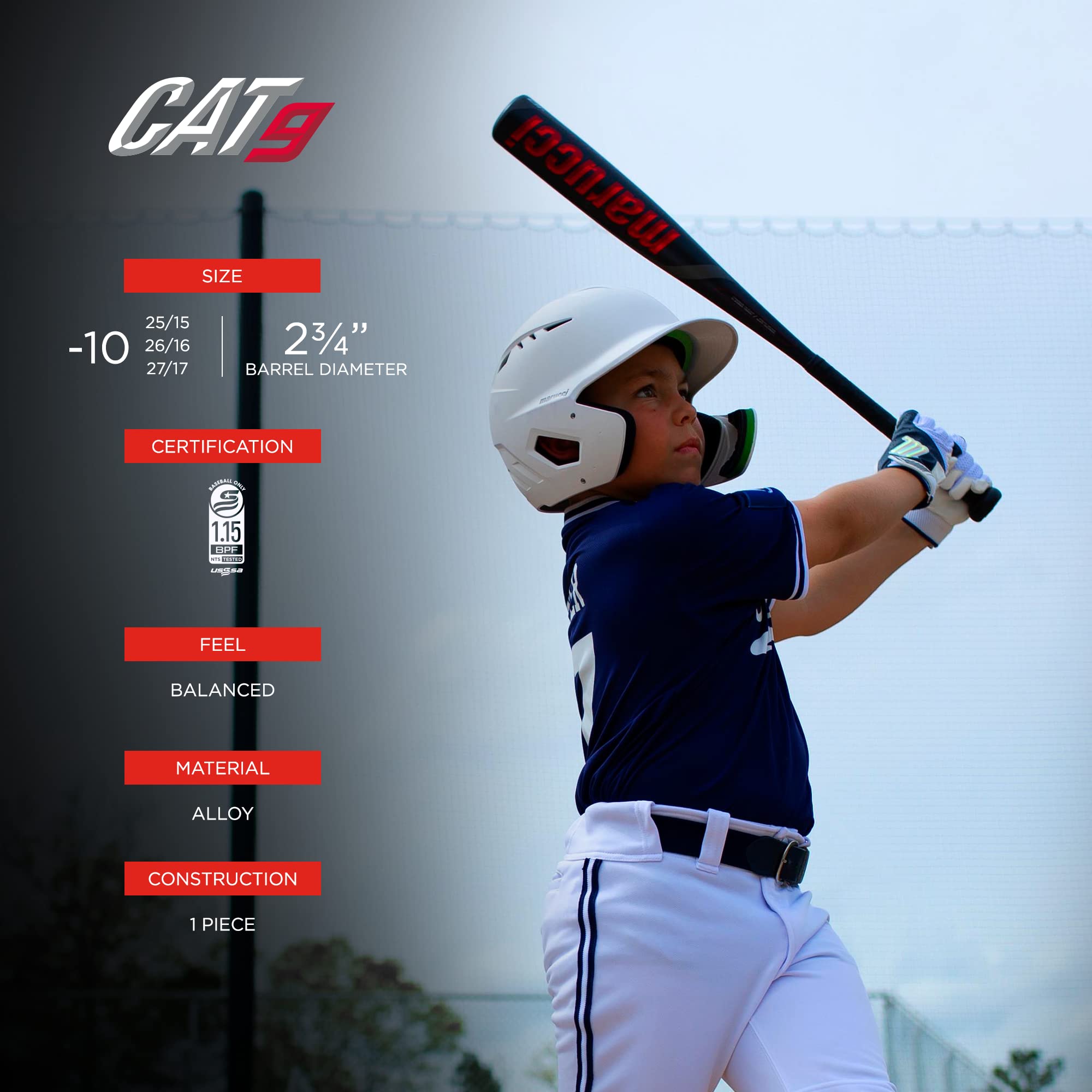 Marucci CAT9 -10 USSSA Junior Big Barrel Youth Metal Baseball Bat, 2 3/4" Barrel, 27"/ 17 oz
