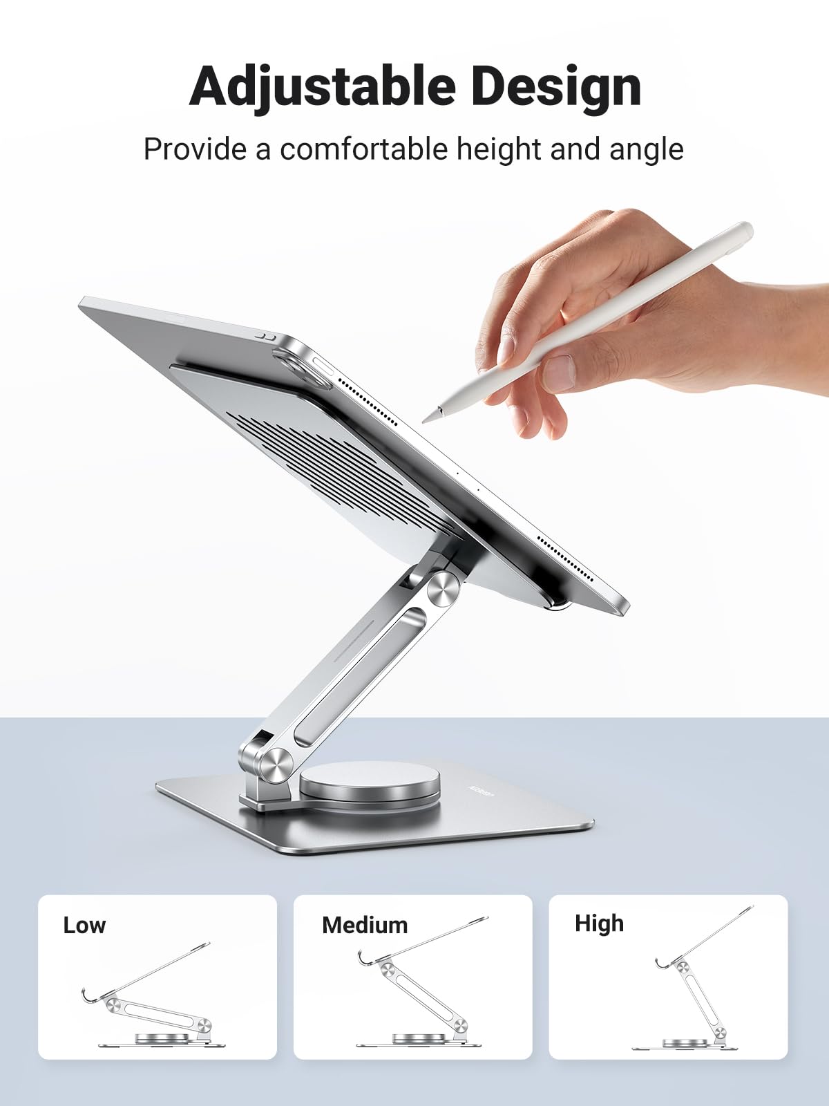UGREEN 360° Rotating Tablet Stand Holder Adjustable with Rotating Base, Foldable Tablet Holder for Desk, Home Office Desk Accessories Compatible with iPad Pro 12.9/Air/Mini 6/5/4/3/2 Silver