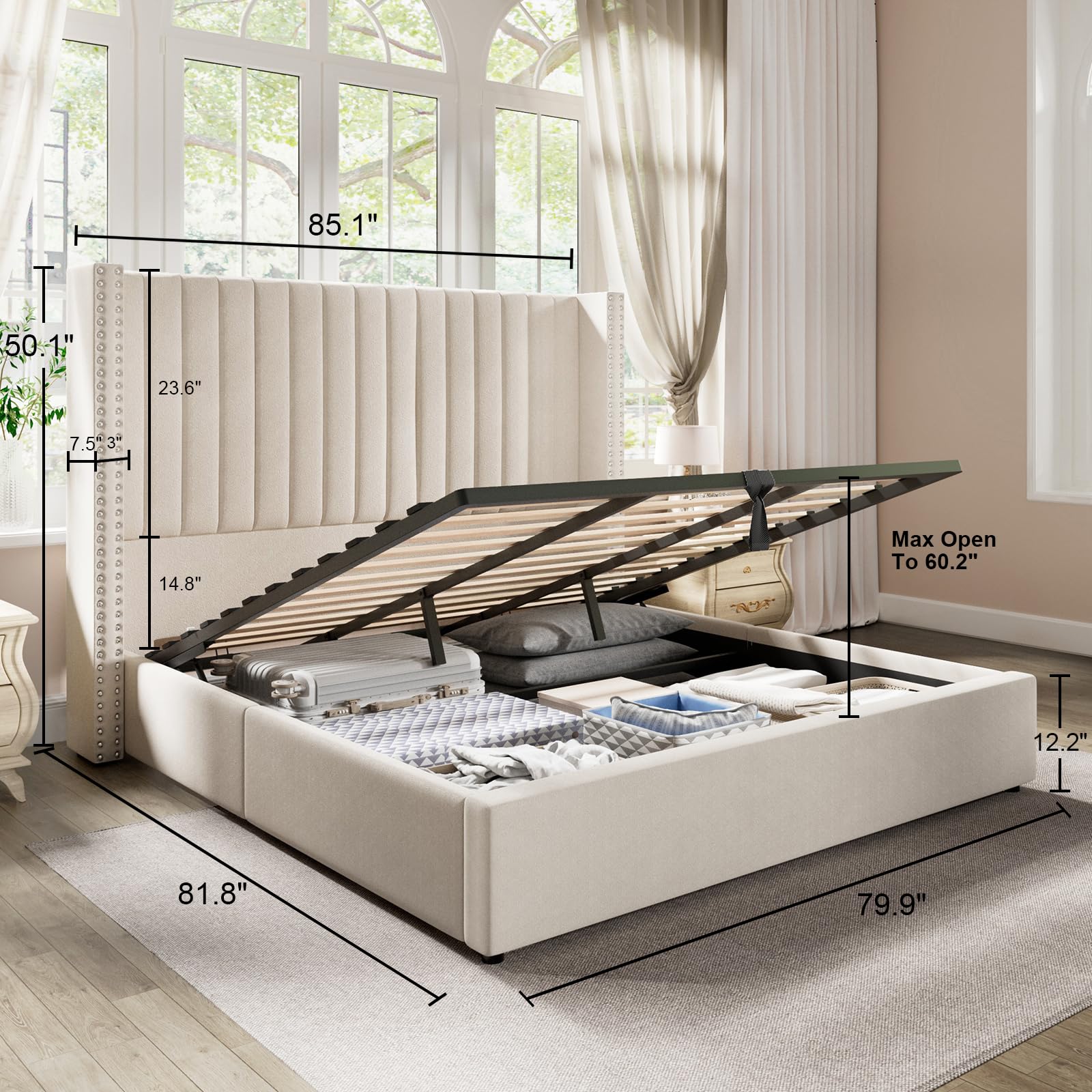 Jocisland Lift up Storage Bed Frame King Size, Upholstered Platform Bed Velvet with Channel Tufted Wingback Headboard, No Box Spring Needed, Cream