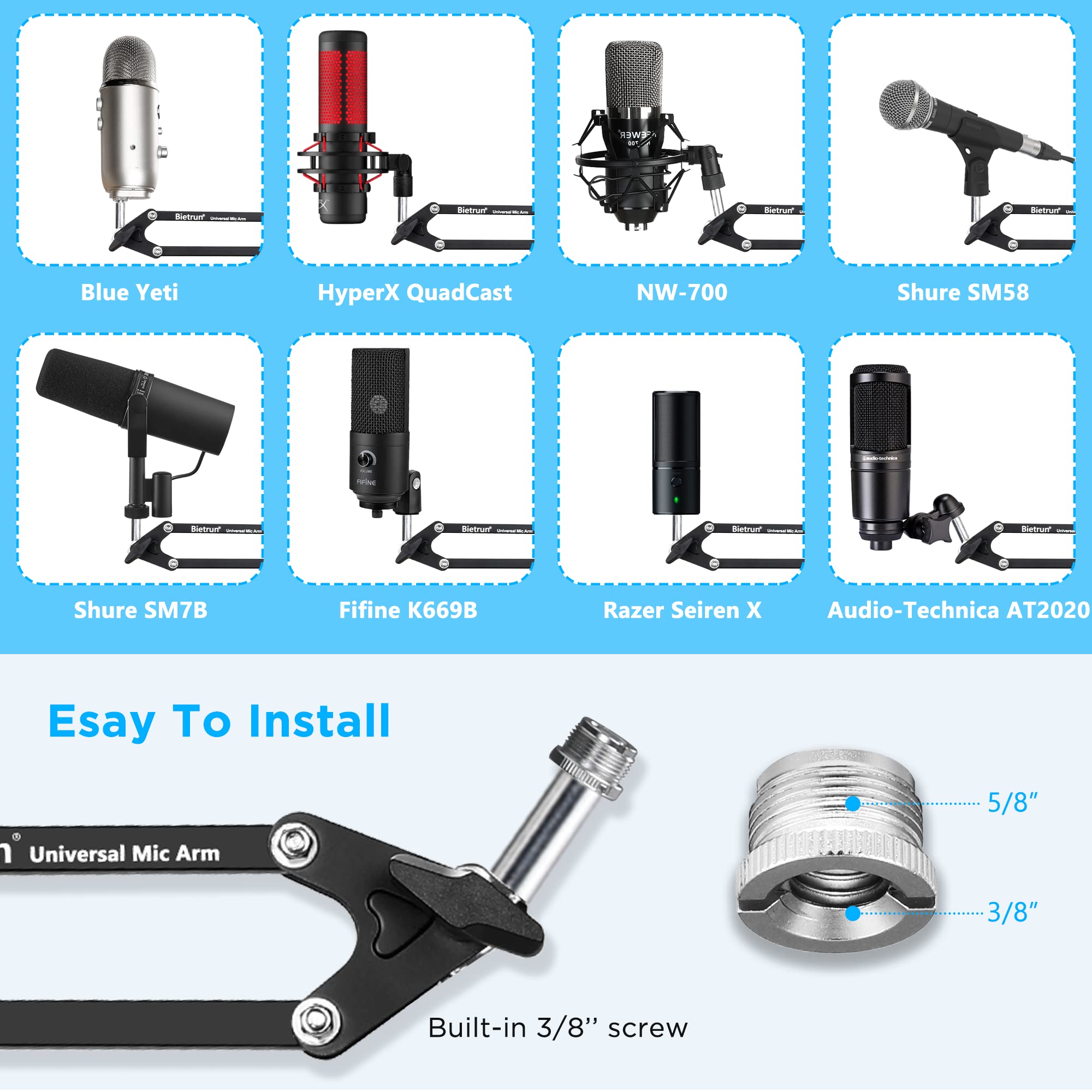Mic Arm Desk Mount for HyperX QuadCast,Blue Yeti,Shure Sm7b,Boom Arm Mic Stand 360°Rotable with 3/8" to 5/8" Adapter,Mic Clip,2.5" Clamp for Handheld Mics,Podcast,Gaming,Recording,Large