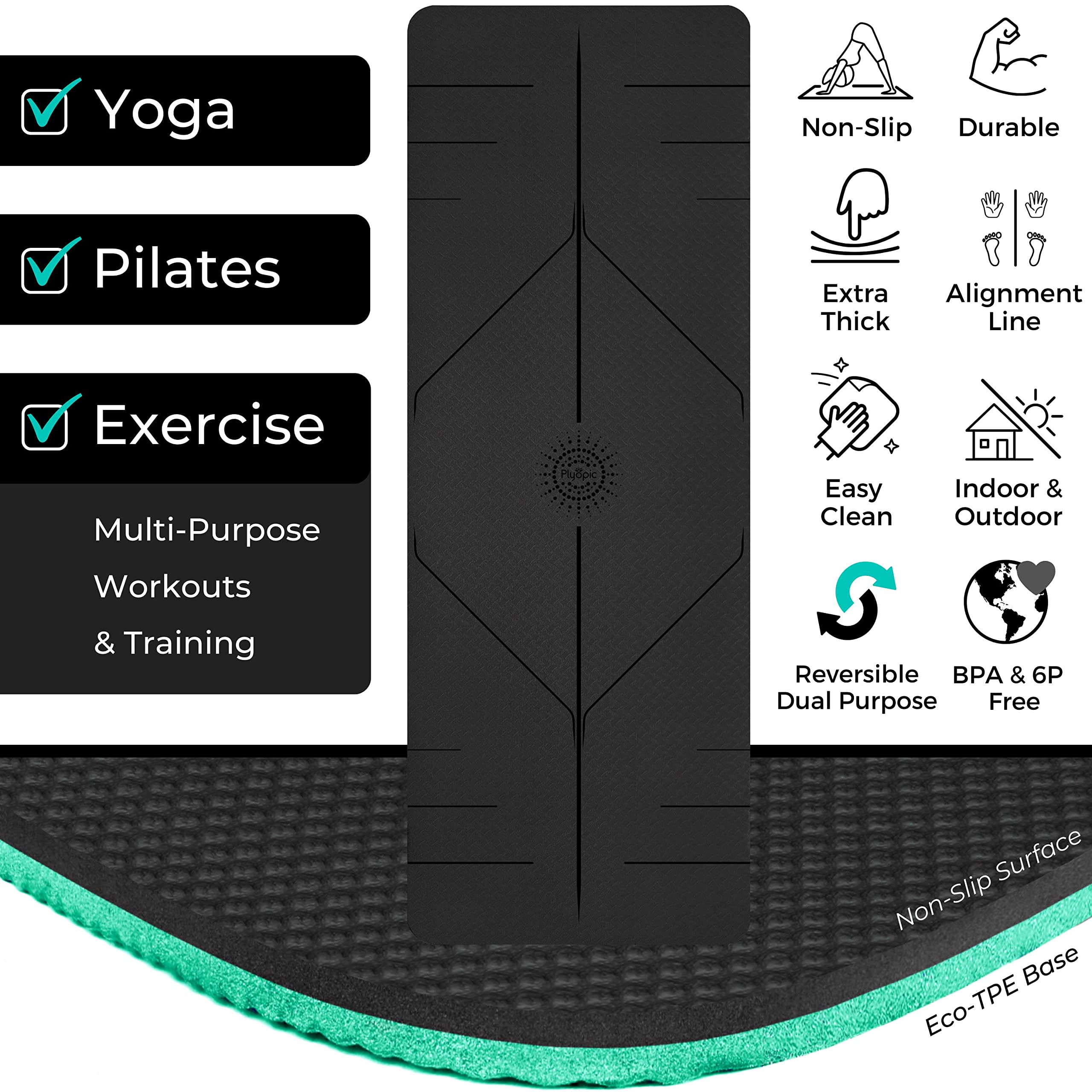 Plyopic Reversible Mat for Yoga, Pilates and Exercise | Premium 1/4-Inch Thick Non-Slip Yoga Mat with Alignment Lines. Lightweight with Dense Cushioning for Extra Support and Stability