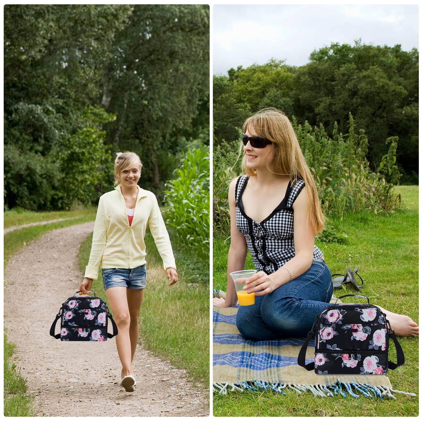 MOV COMPRA Movcompra Lunch Bag Women Flower Insulated Lunch Box for Work Double Deck Lunch Bag for Women