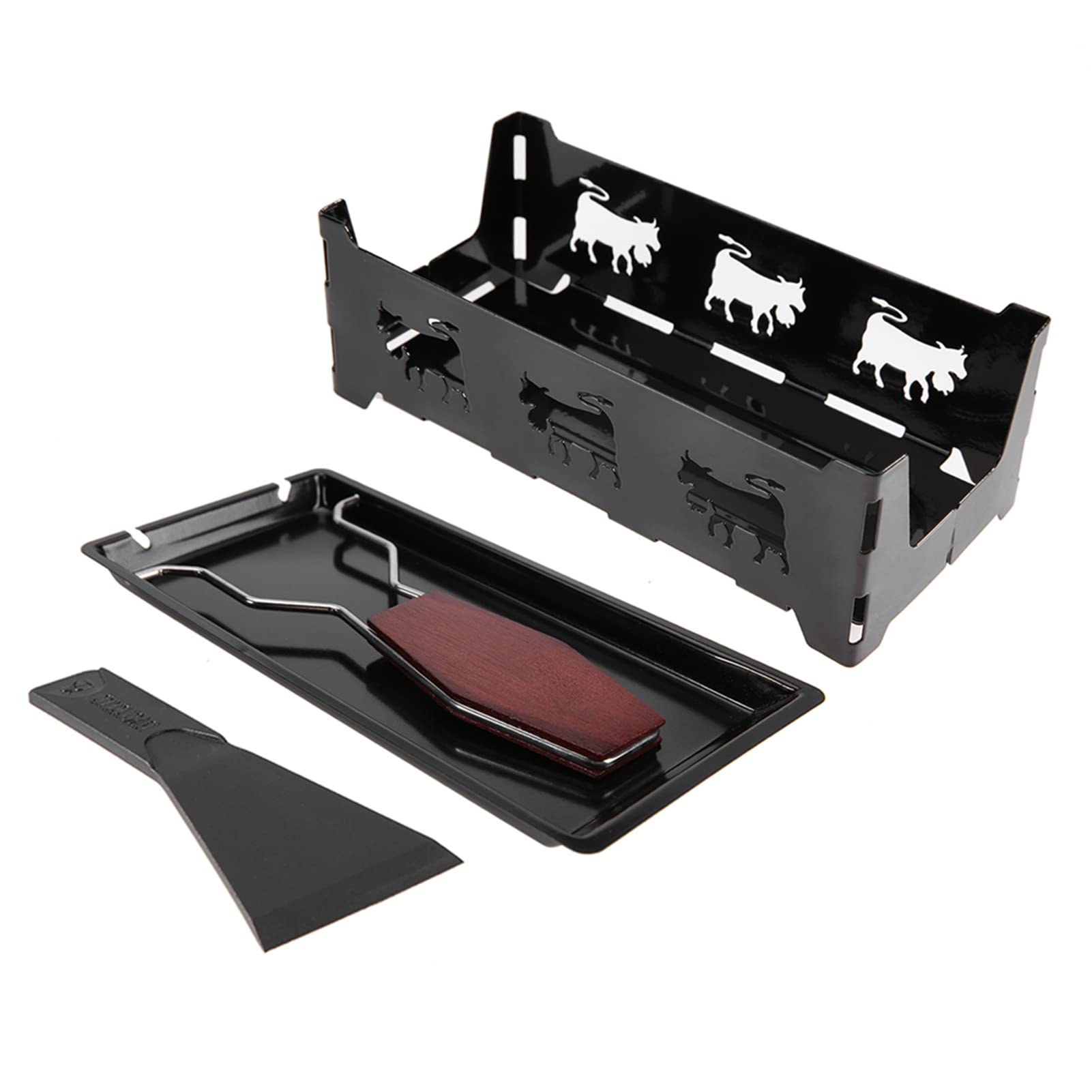 Portable Candlelight Cheese Raclette Non Stick Rotaster Baking Tray Stove Set Carbon Steel Home Kitchen Grilling Tool with Wood Handle