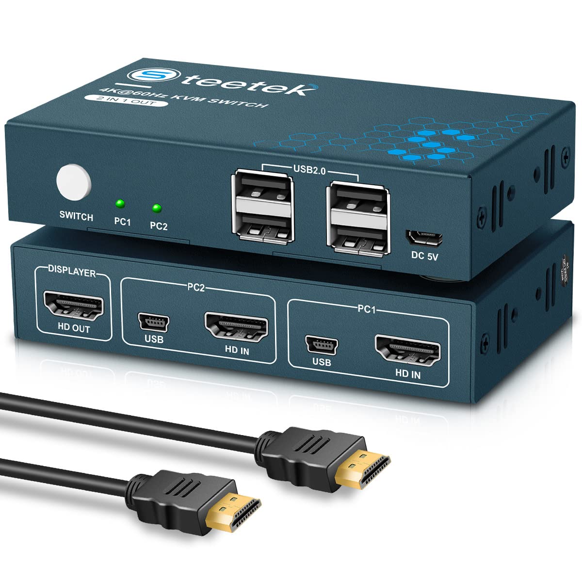 Steetek HDMI KVM Switch 2 Port, KVM Switch HDMI 4K@60Hz, 2 in 1 Out KVM Switch by 1 Keyboard Mouse Control, 2 Computer 1 Monitor, Button Switch, with 4 USB 2.0 Port KVM Switch, with 1 HDMI 2 USB