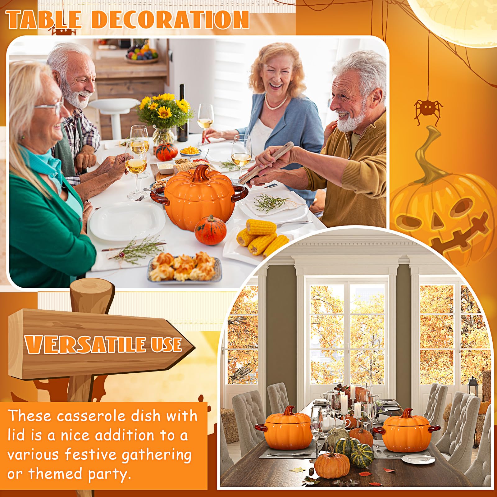 Uiifan 54 oz Ceramic Pumpkin Pot Pumpkin Soup Bowl Baking Pumpkin Bowls Pumpkin Casserole Dish with Lid Double Ear Pumpkin Cookware for Cooking Bakeware Home Halloween Thanksgiving, Oven Safe Orange