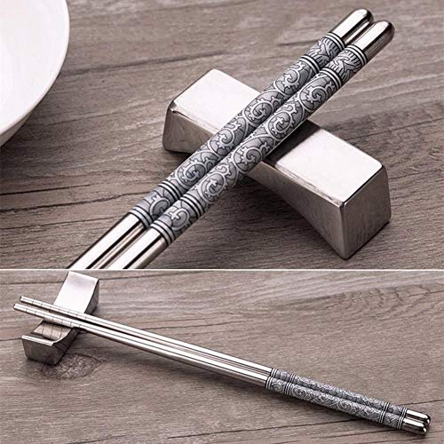 Madames Stainless Steel Chopsticks Kitchen Blue and White Porcelain Printed Chopsticks Reusable Flat Long Handle Chopstick for Home, Kitchen or Restaurant