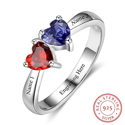 Nauchild Personalized Womens Ring with 2 Heart Shape Birthstones and 2 Names 925 Sterling Silver Rings for Mother/Wife (7)