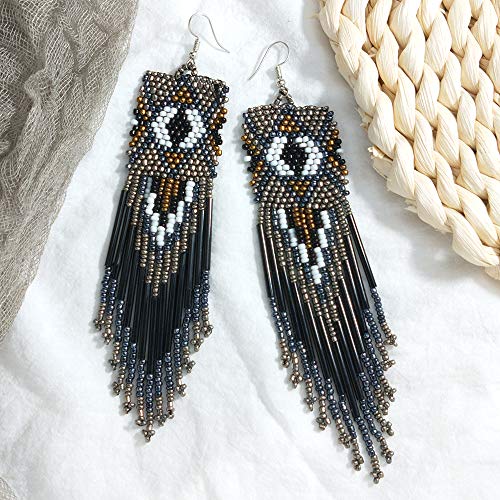 Long Beaded Earrings Dangle - Boho Sleek Fringe Earrings Statement Handmade with Hook, Gift Ideas for Women Jewelry