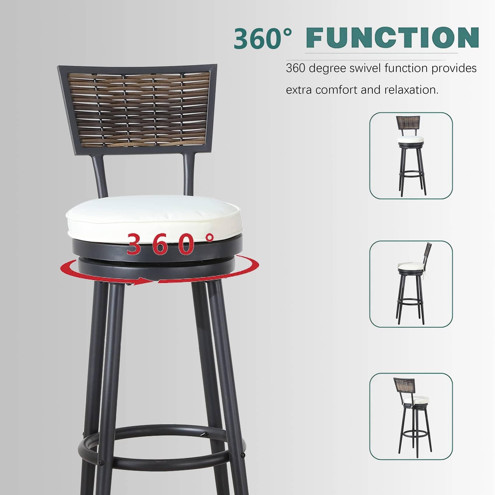 TOP HOME SPACE Patio Bar Stools Outdoor Swivel Bar Height Stool Chairs with Rattan Back Cushion for Deck Porch Backyard, Set of 4