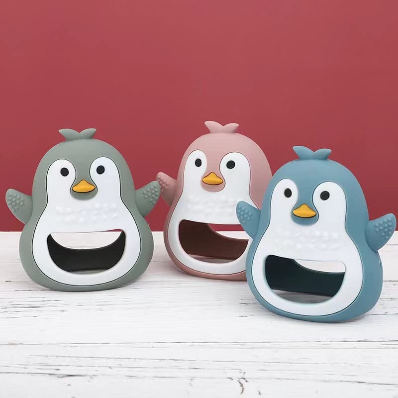 PandaEar Penguin Silicone Baby Teething Toys 6-36month| Never Drop Baby Chew Toys for Sucking Needs| Hand Teether Mitten for Breast Feeding Babies Infants Newborn (Grey)