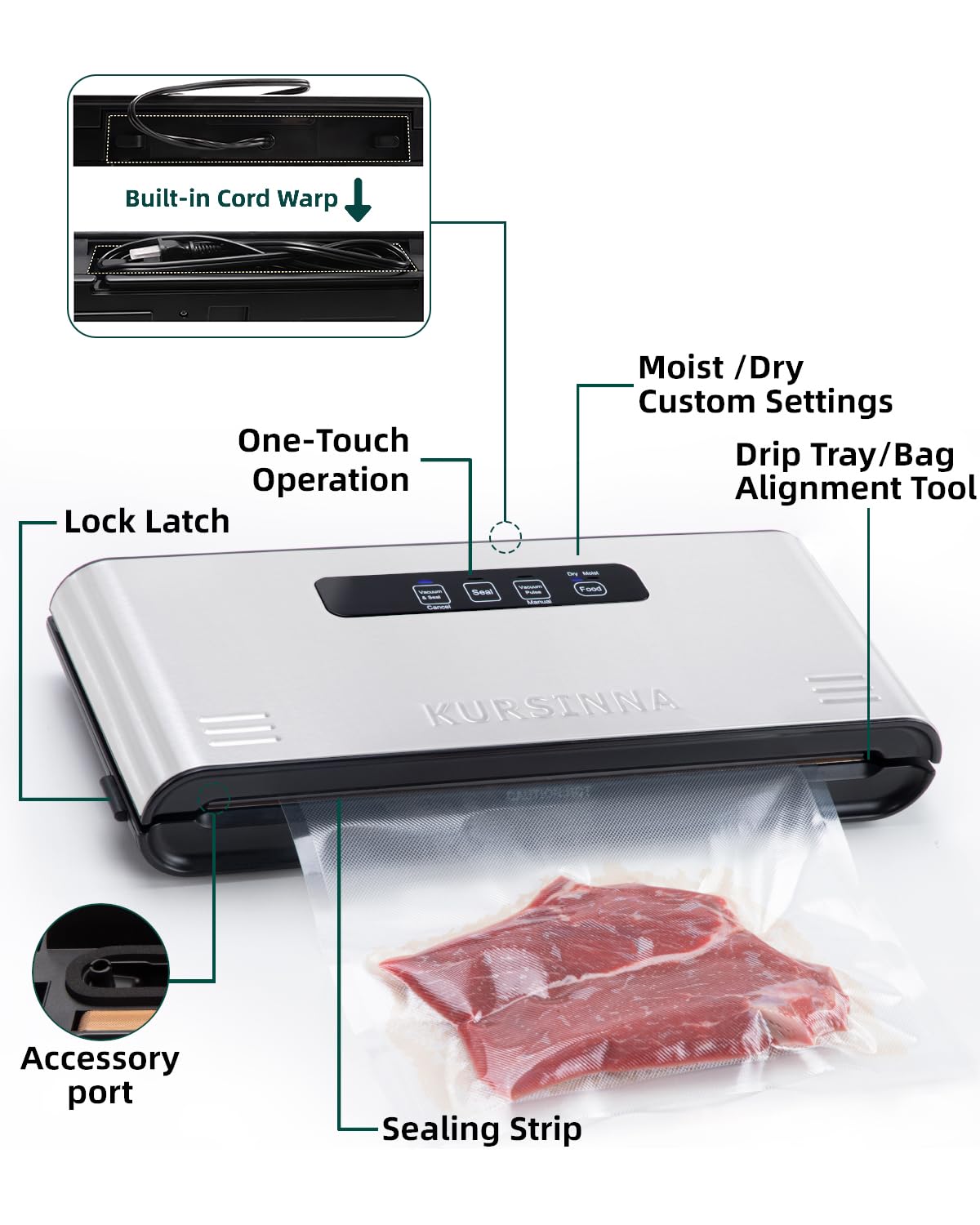 𝐎𝐮𝐭𝐥𝐞𝐭 KURSINNA Automatic Vacuum Sealer Machine 90Kpa, Stainless Steel Food Sealer for Food Storage and Sous-Vide, Dry/Moist Mode Air Vacuum Sealing System (VS2350+Bags+Rolls)
