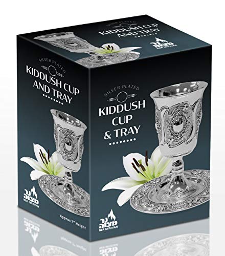 Ner Mitzvah Tall Kiddush Cup and Tray - Premium Quality Silver Plated Goblet With Stem - Shabbat and Havdalah Goblet - Judaica Shabbos and Holiday Gift