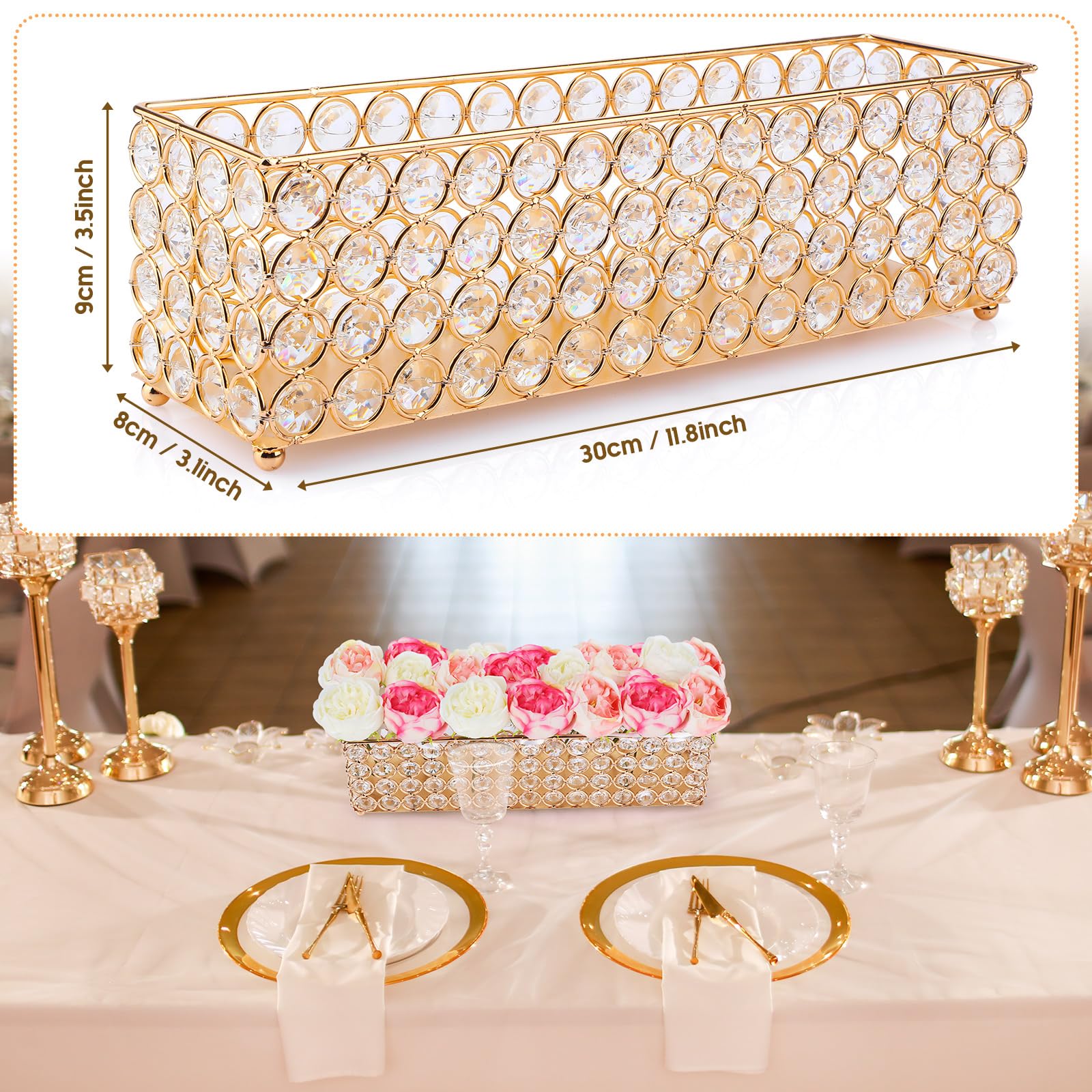 Maxdot Gold Crystal Rectangular Floral Centerpiece for Dining Table 12 Inches Long Rectangular Vase Candle Holders Tray Flower Gold Vases for Wedding Party Events Home Dining Table Decor