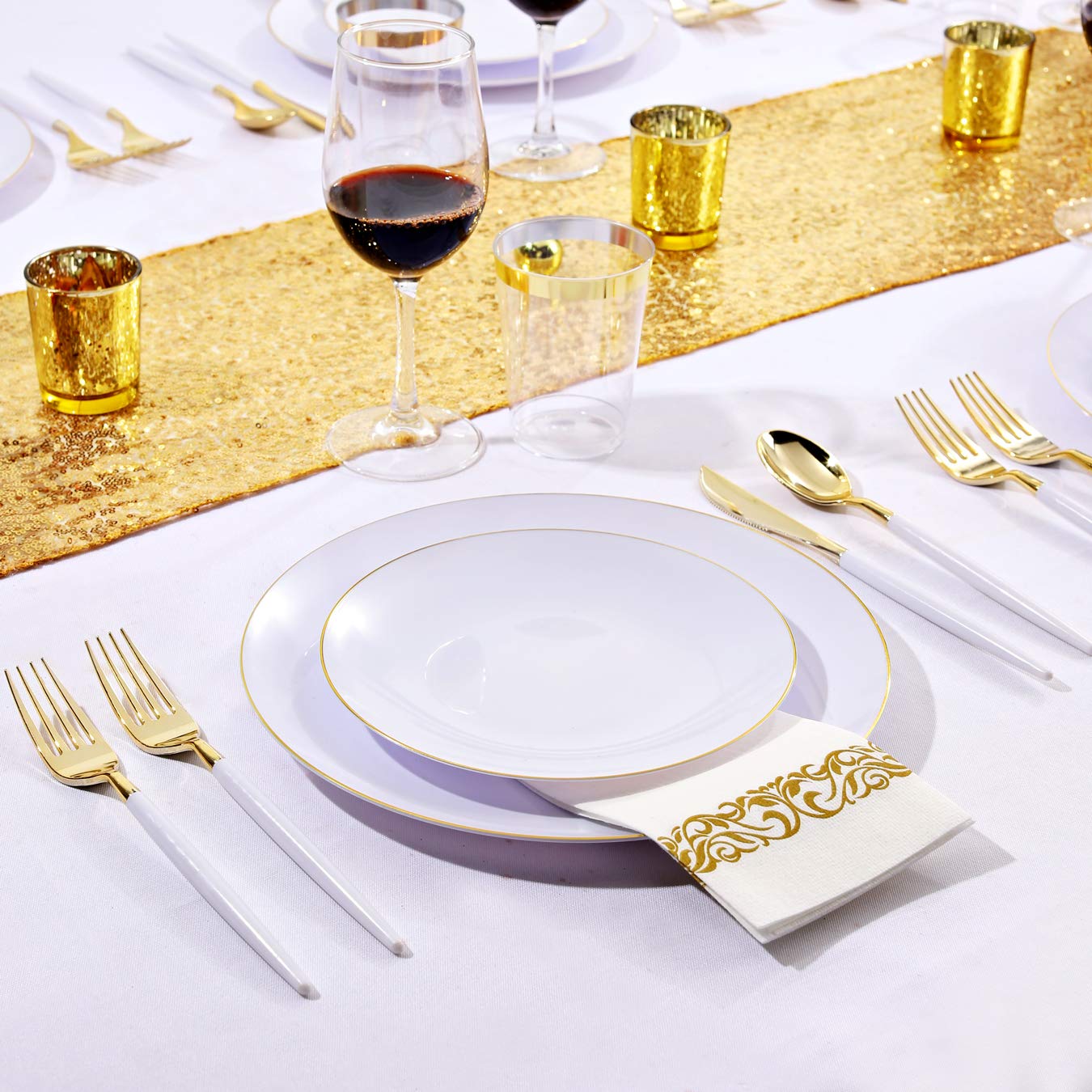 Nervure 140PCS White and Gold Plastic Plates & Disposable Gold Plastic Plates - 20 Dinner Plates, 20 Dessert Plates, 60 Gold Plastic Silverware, 20 Cups, 20 Napkins for Weddings & Party