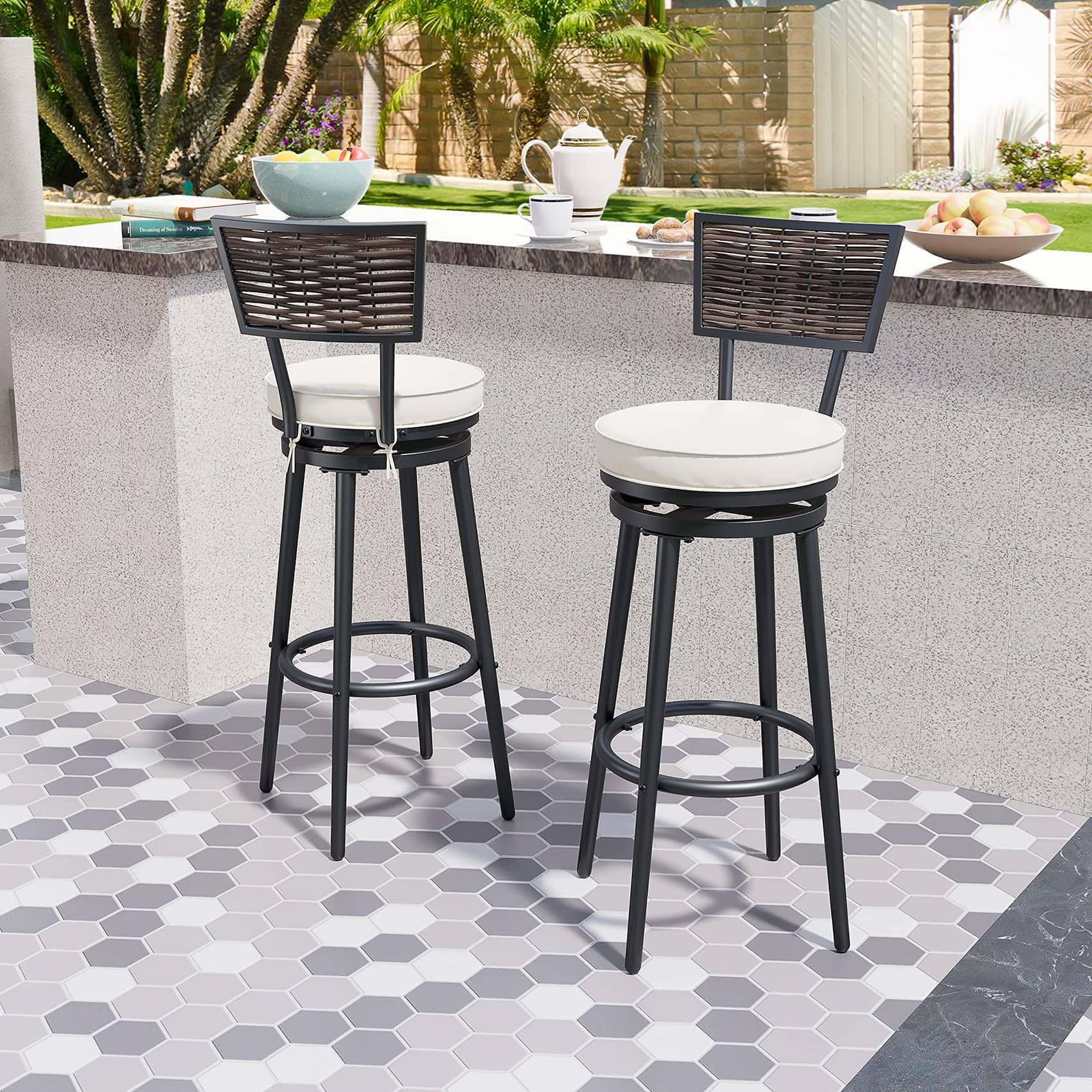 TOP HOME SPACE Patio Bar Stools Outdoor Swivel Bar Height Stool Chairs with Rattan Back Cushion for Deck Porch Backyard, Set of 4