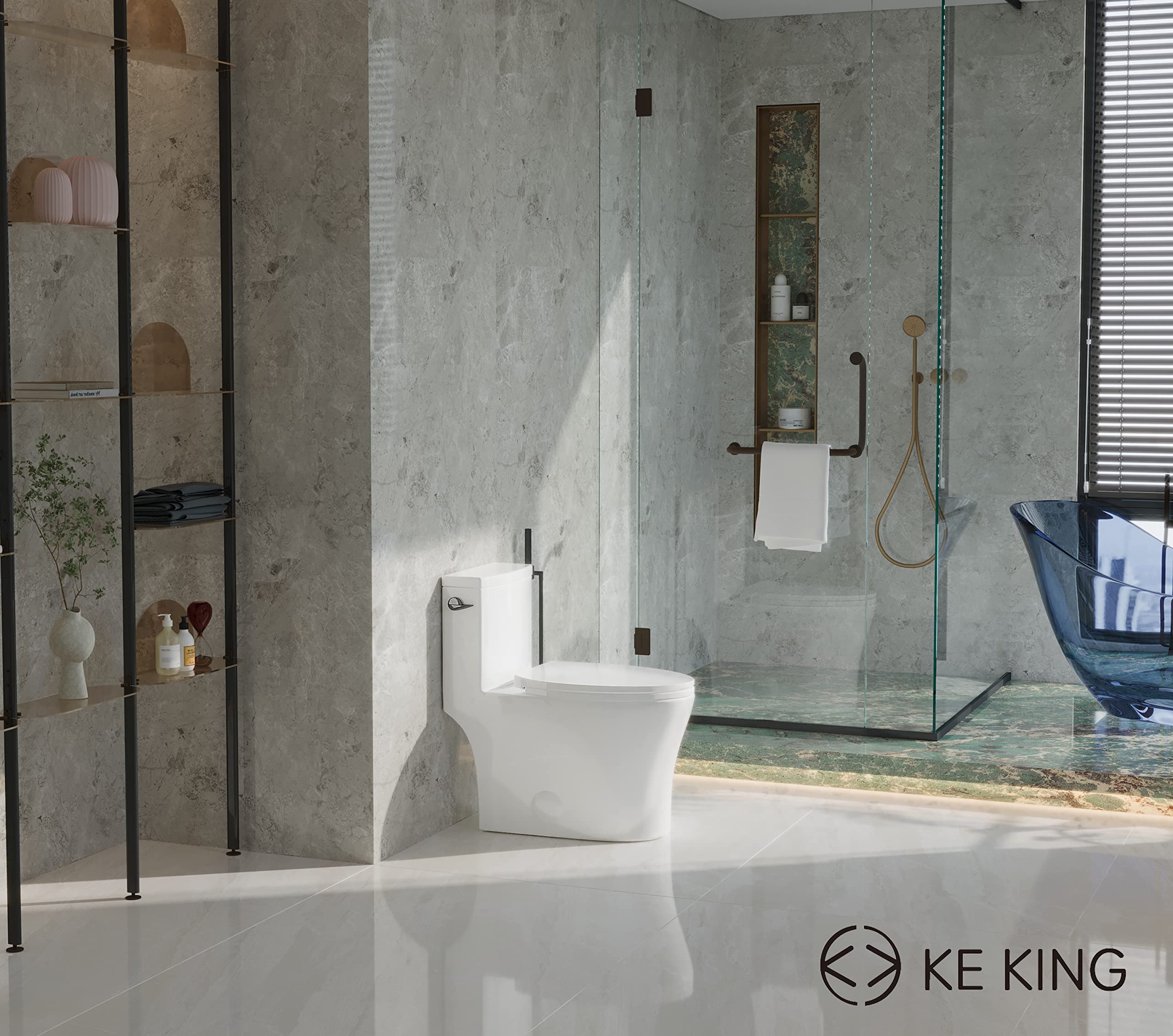 KE KING 1.28 Gpf Elongated One Piece Toilet, Powerful & Quiet Flush Modern Toilet(Side Flush) 12'' Rough-In Toilet & ADA Height