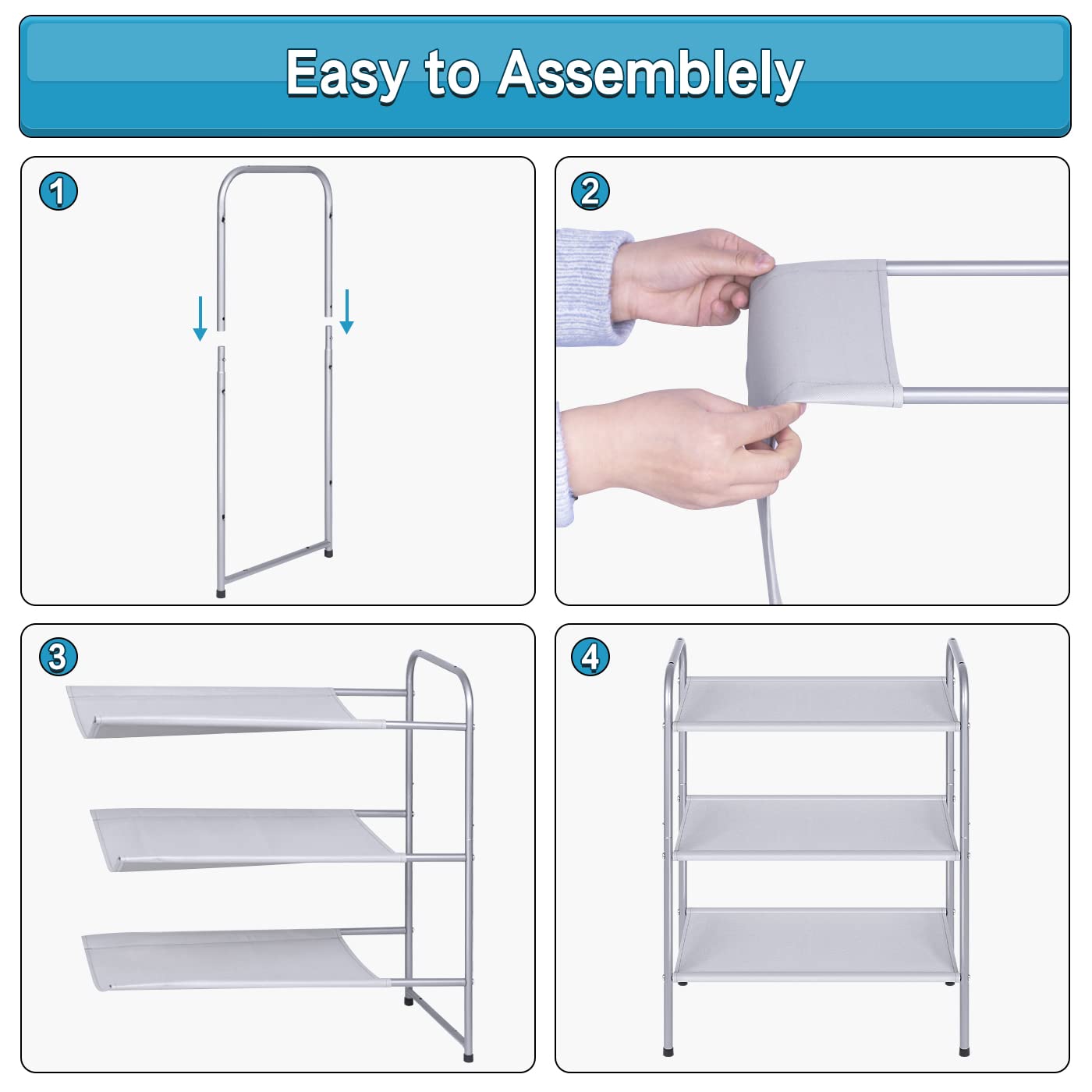KIMBORA 3-Tier Small Shoe Rack 8-Pairs Stackable Narrow Shoe Storage Organizer Heavy Duty Shoe Shelf for Bedroom Closet, Entryway, Hallway (Grey)
