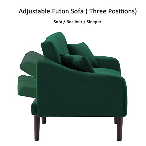 LoLado Futon Sofa Bed Convertible Sleeper Sofa Couch wit Armrests Modern Velvet Sofa Bed for Living Room Office Folding Recliner Futon Couch with Wood Legs (Green)
