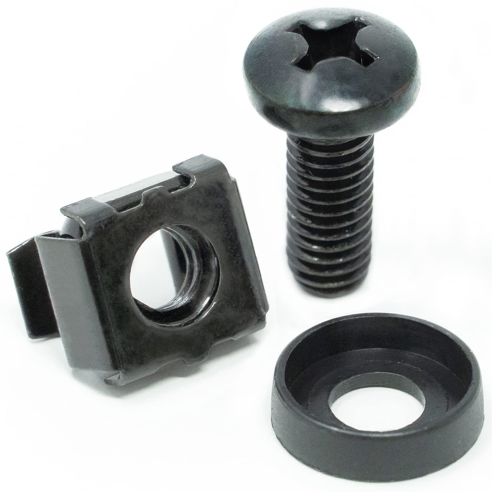 M5 Rack Screws, Cage Nuts and Nylon Washers (5mm x 19mm Screws, 50 Sets, Black) Rack Mount Screws for Server Console Mounting, Routers, Enclosures, Cabinets. Carbon Steel with Rust Resistant Zinc