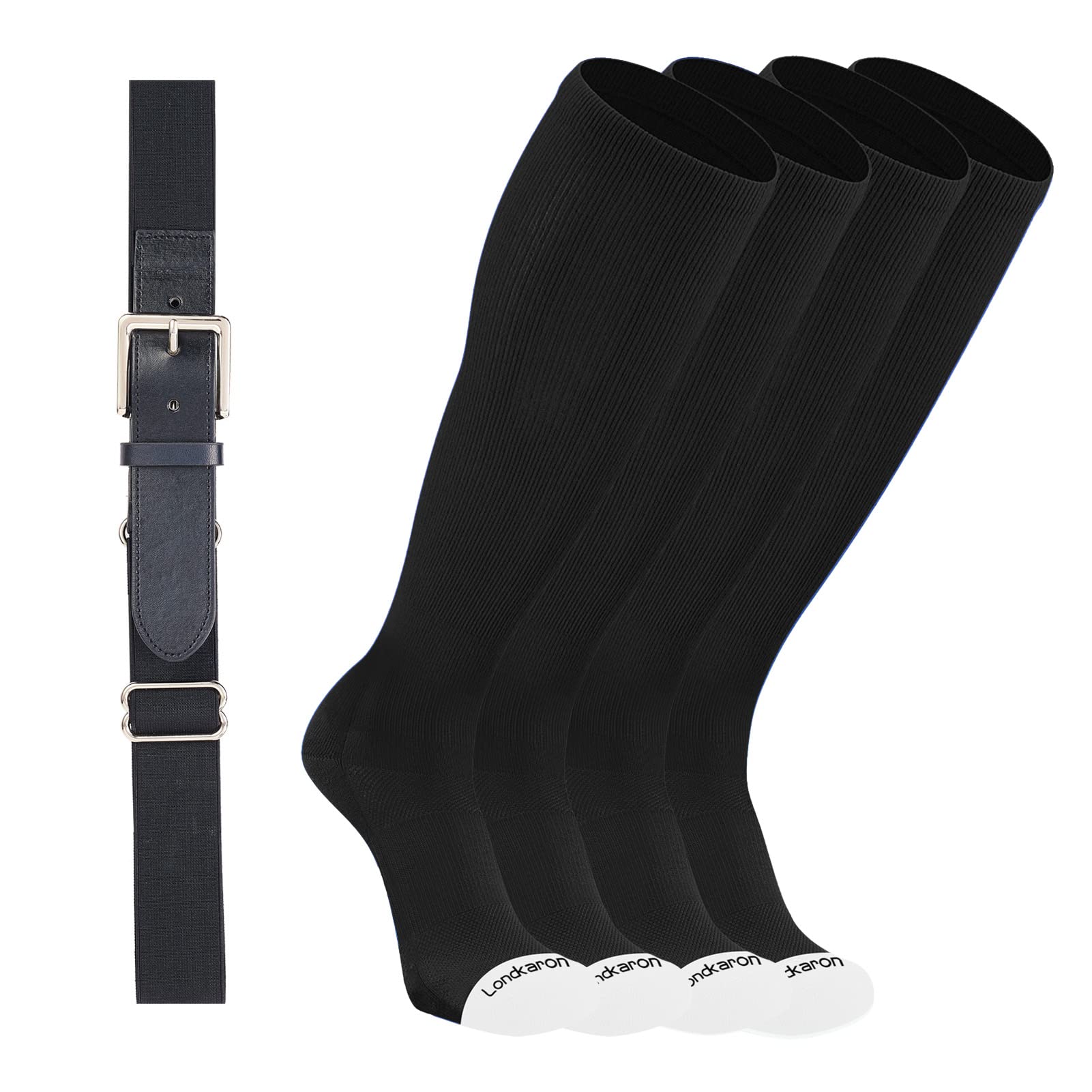 Londkaron Elite Baseball/Softball Socks & Belt Combo (2 Pairs of Socks with 1 Belt) (Black, Large)