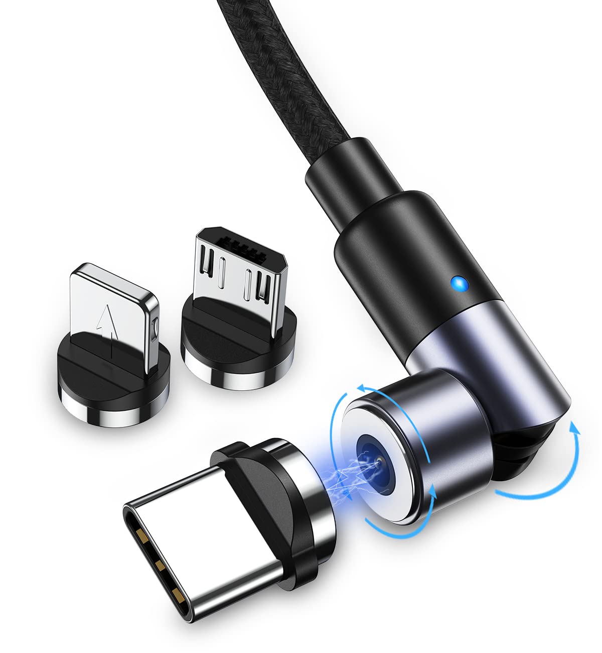 TOPK Magnetic Charging Cable, [6Pack,3.3ft] Magnetic Phone Charger with LED, 360°+ 180° Rotation 3-in-1 Magnetic USB-A to Micro USB,USB C Cable Nylon Braided Cords (Black)