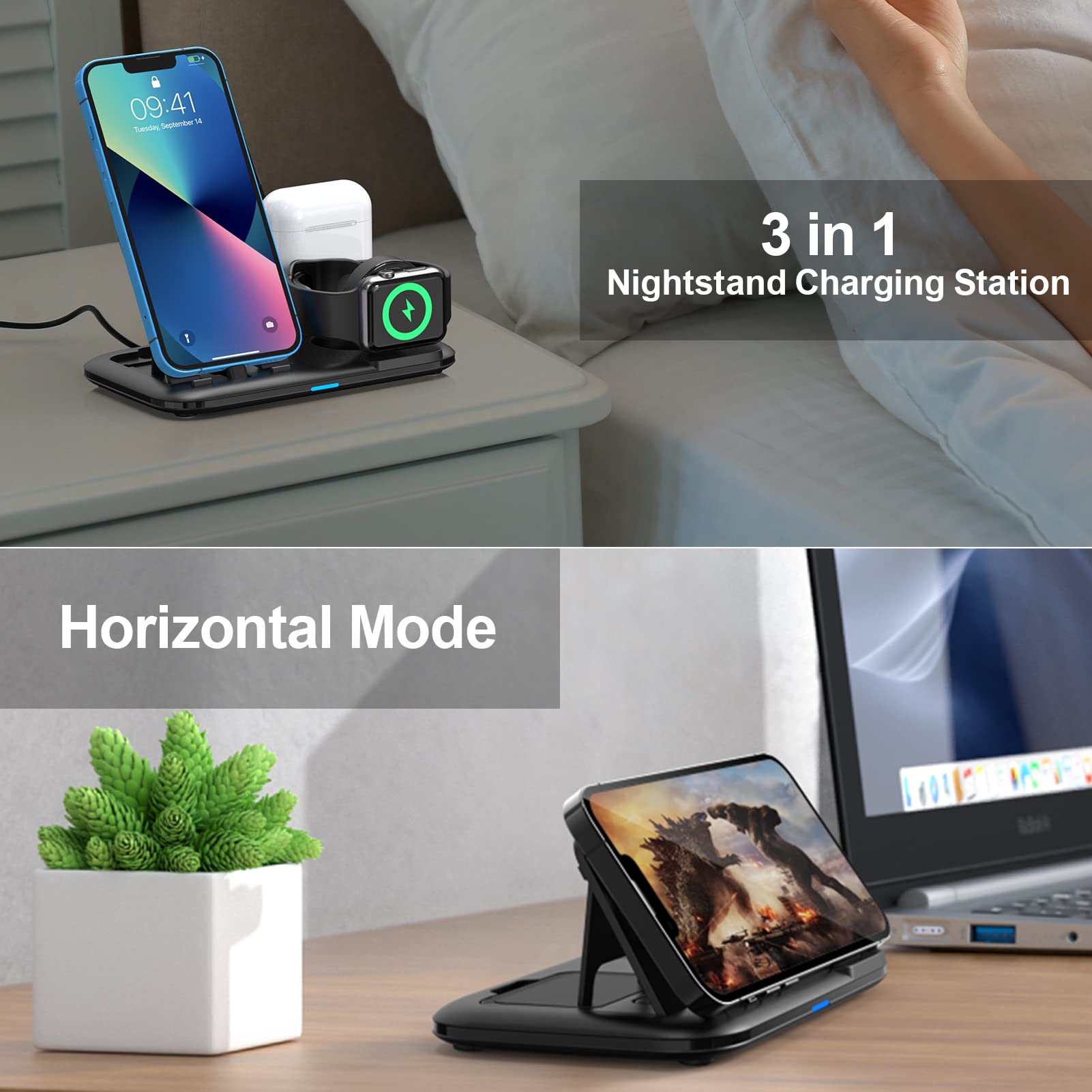 OLEBR 3 in 1 Charging Station for Multiple Devices Apple Bedside Charging Stand for iPhone and Apple Watch 7/6/SE/5/4/3/2/1 Charging Dock for AirPods Pro/3/2/1 (with 12W Fast Charger) Black