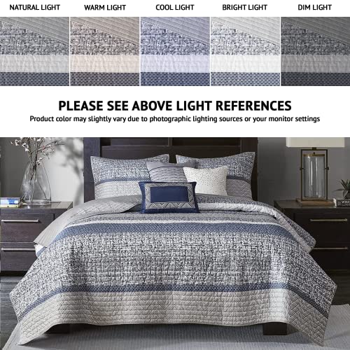 Madison Park King Quilt Set Lustrous Jacquard & Glitter Accent Coverlet Set for King Size Bed - All Season, Lightweight King Quilt Set, Shams, Decorative Pillow, King/Cal King Chevron Grey/Navy