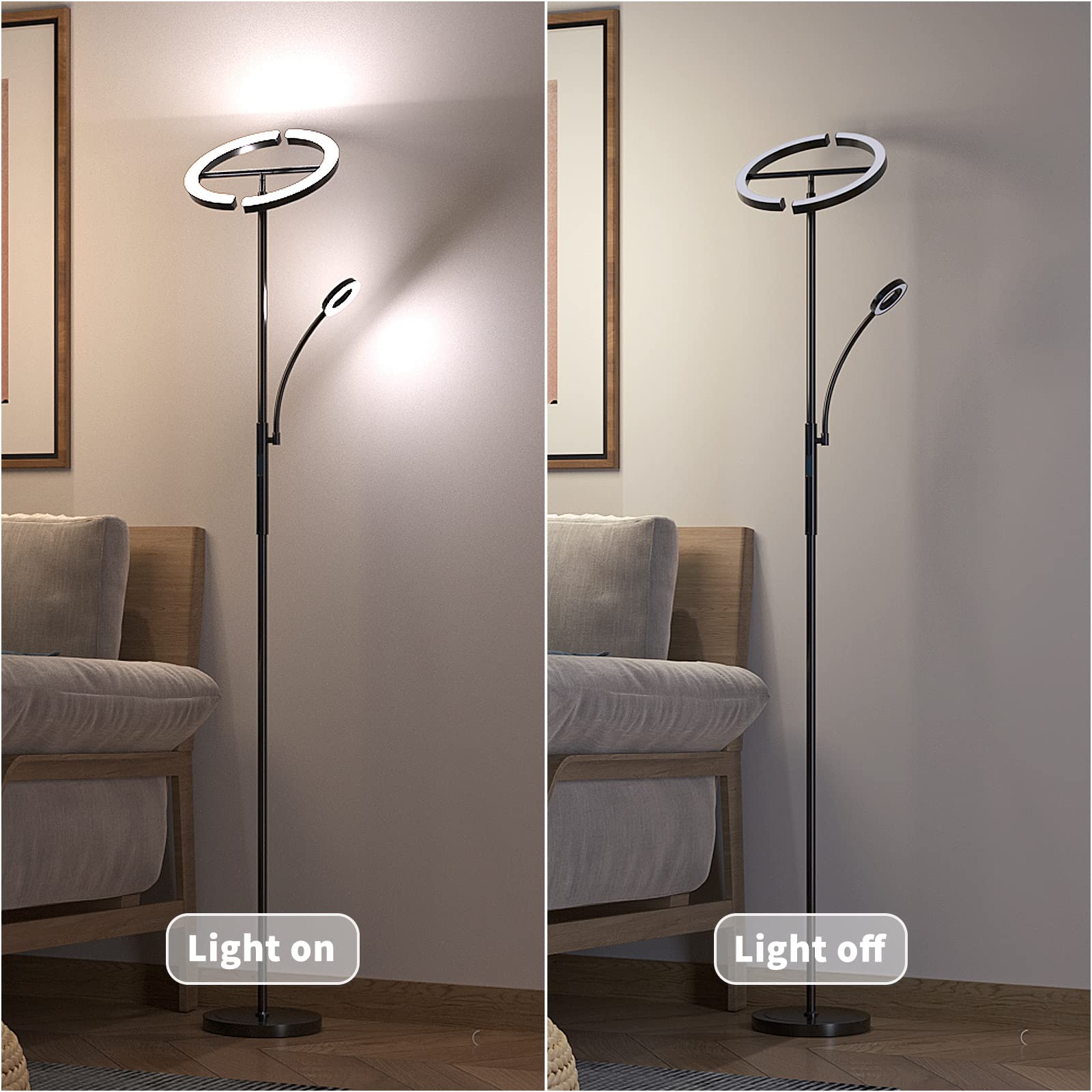 LED Floor Lamp with Reading Light, A ANTEN Modern Standing Lamp for Living Room, 20W Main Light & 7W Reading Lamp, Remote & Touch Control Dimmable Floor Light, Tall Black Pole Lamp for Bedroom, Office
