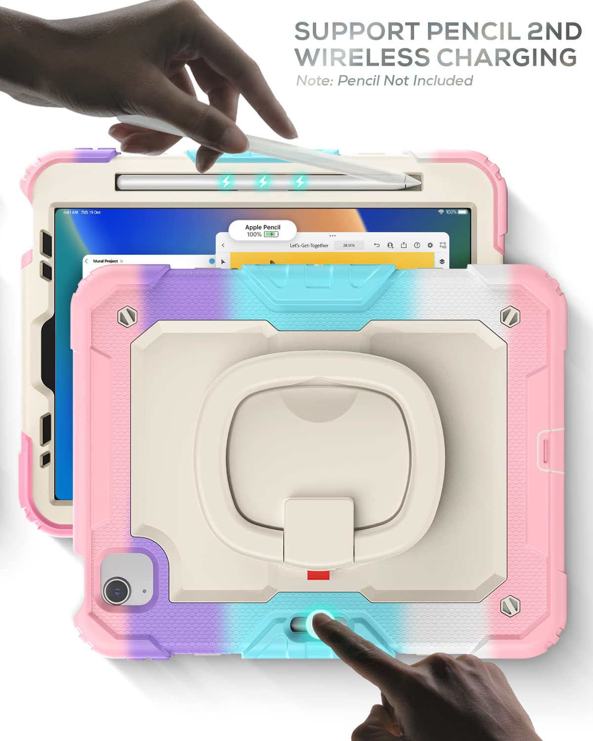 SEYMAC for iPad Air 5th/4th Generation Case, Heavy Duty Protection Shockproof Case with Screen Protector, 360° Hand Grip, Shoulder Strap, Pencil Holder, Case for iPad 10.9 inch, Colorful/Pink