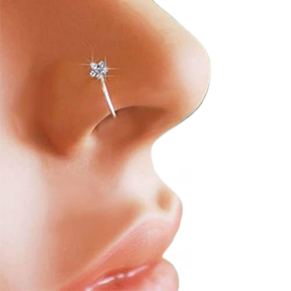 Longfu Small Thin Flower Clear Crystal Nose Ring Stud Hoop-Sparkly Crystal Nose Ring, B0102