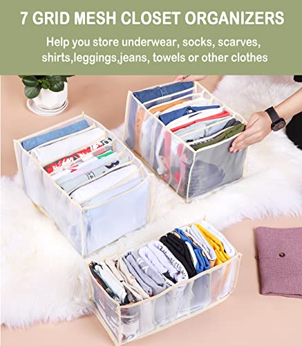 Wardrobe Clothes Organizer, 7 Grids Drawer Organizers for Clothing, Bedroom clothes organizer for folded clothes, Closet Organizers and Storage Baskets for Pants,T-Shirts, Jeans (5 Pack 2M+3L)