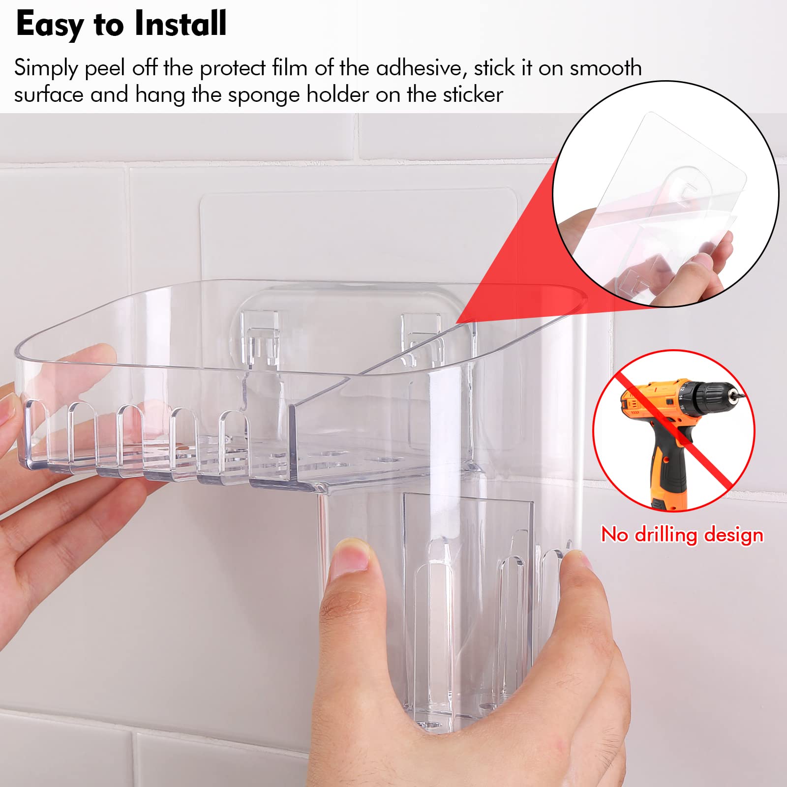 Lunmore Kitchen Sink Caddy, Plastic Sponge and Brush Holder, Adhesive Sink Organizer for Bathroom, Kitchen (Transparent)