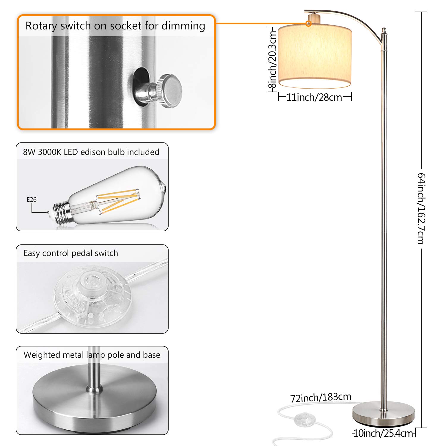 LED Floor Lamp with Dimmer, Fully Dimmable Standing Lamp Modern Tall Pole Lamp with Hanging Fabric Shade and Silver Base Montage Reading Light for Living Room Bedroom, Bright 8W LED Bulb Included