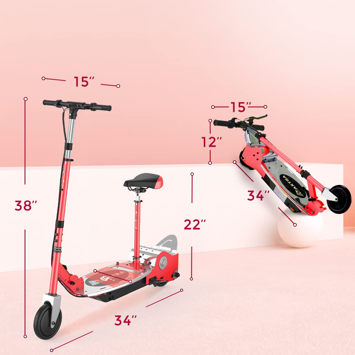MAXTRA E120 Electric Scooter with Removable Seat, 60 Mins Long Battery Life & up to 10mph, Adjustable Height for Kids Ages 6-12