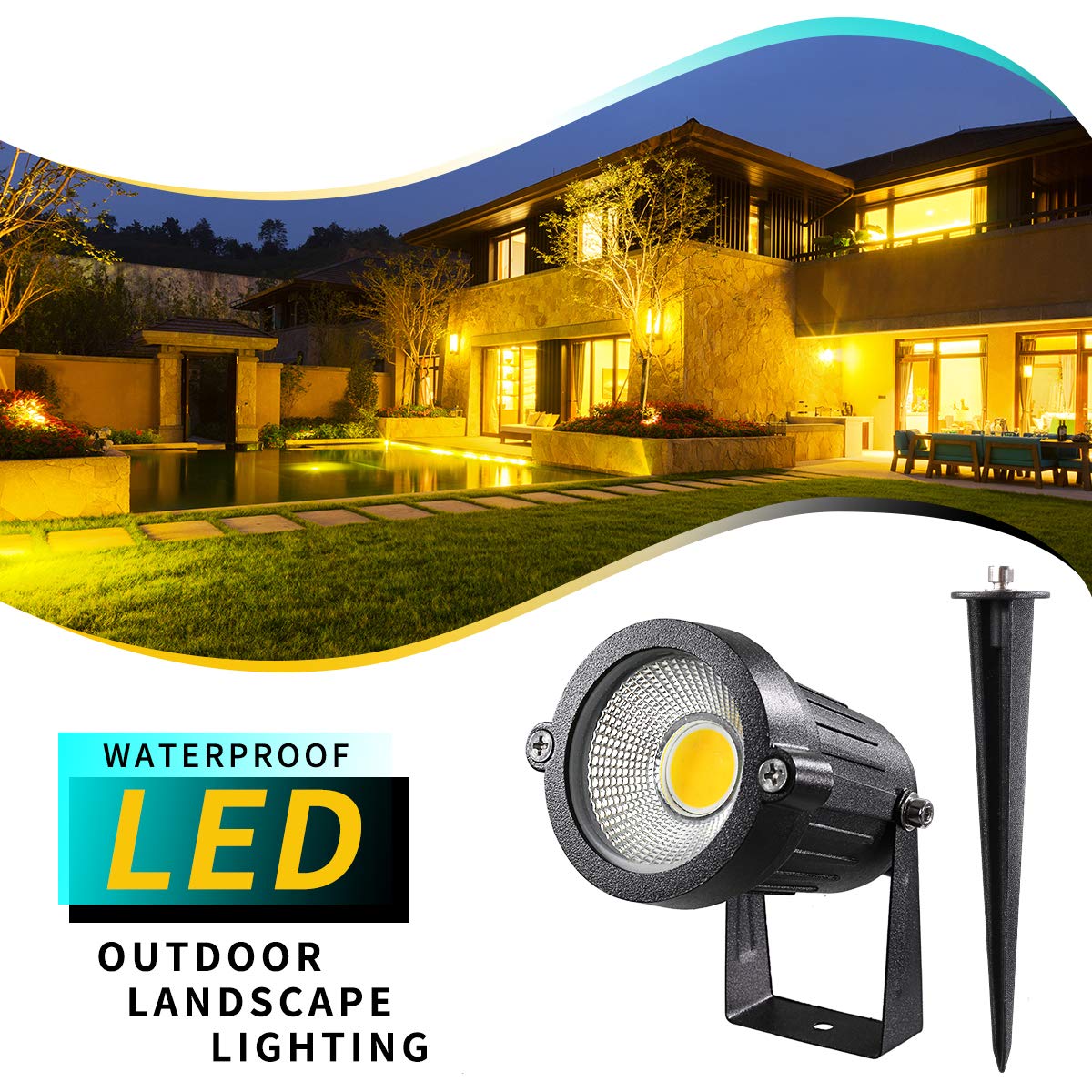 LEACOCO LED Landscape Lights,5W 120V AC Outdoor Pathway Garden Yard Spotlight,IP65 Waterproof Garden Flood Light,Outdoor Spotlight with Stake,UL Cord 5-ft with Plug (Pack of 1, Warm White)