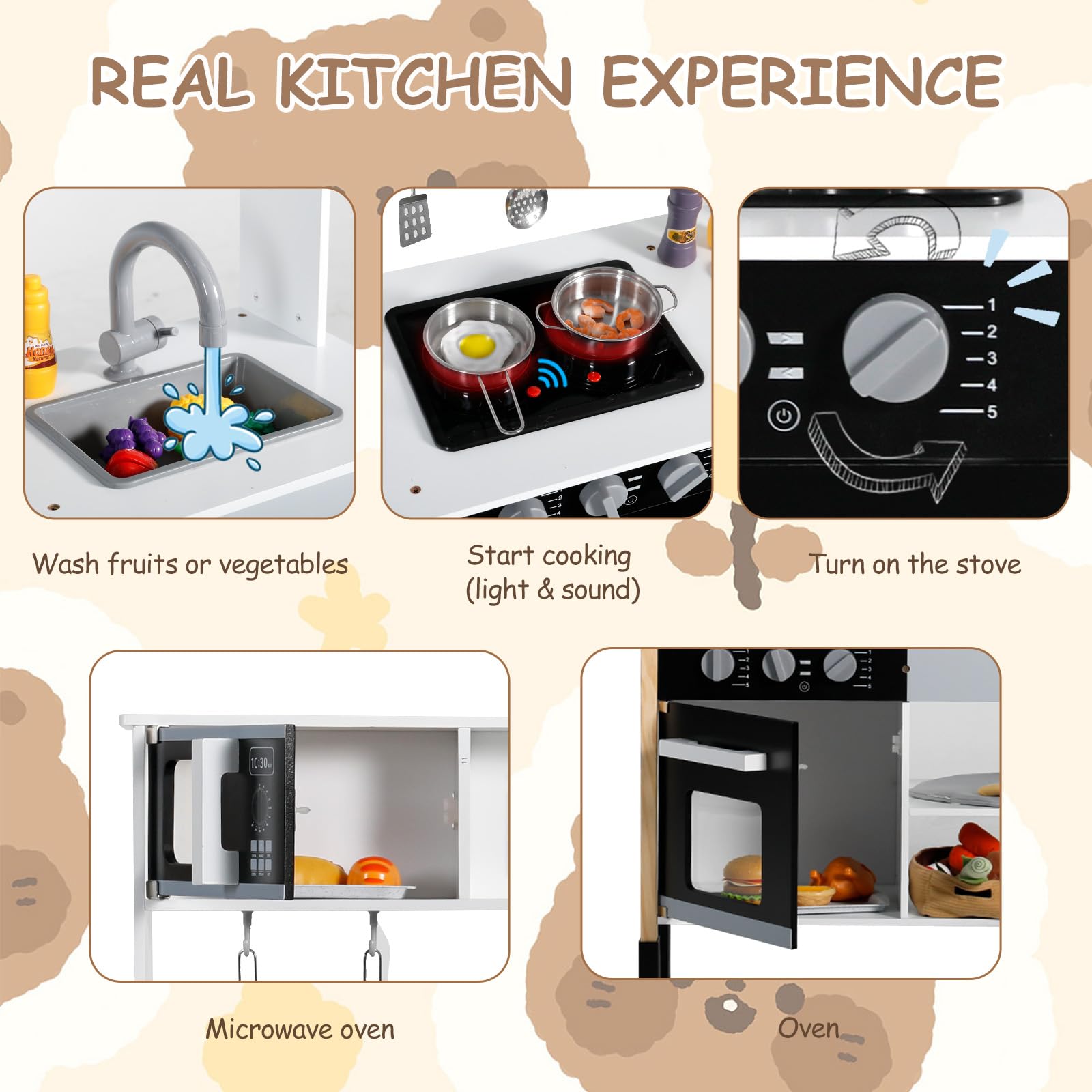 Kinder King Wooden Kids Play Kitchen, Toy Kitchen Playset for Toddler, Pretend Oven with Light & Sound, Interactive Door, Microwave, Knobs, Realistic Kitchen Set for Boys Girls Age 3+, Black
