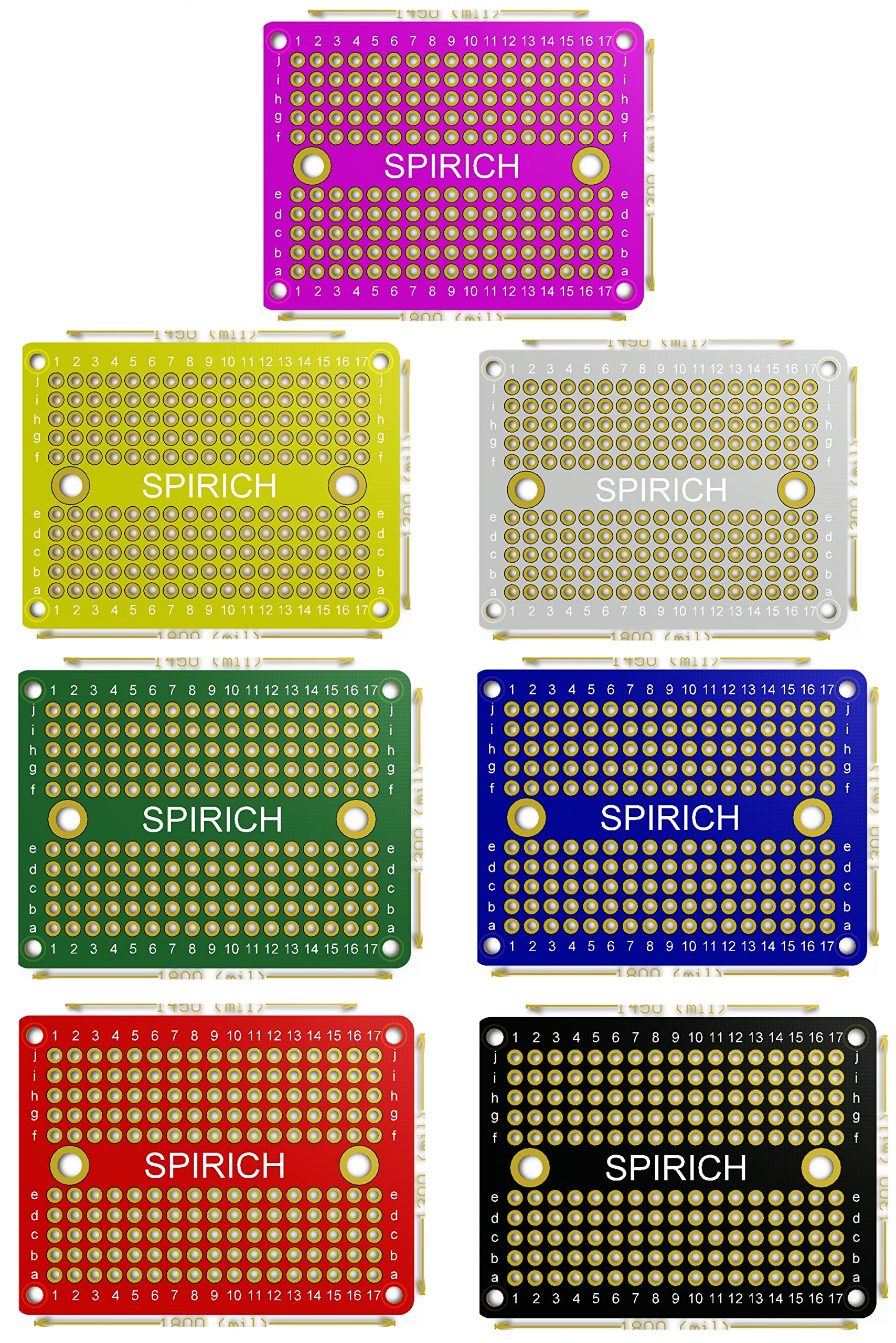 SPIRICH 170 Prototyping Board Kit (Pin to Pin 170-Points Breadboard), Compatible for DIY Soldering PCB Projects, Tin-Plated (7 Pack, 7 Colors)