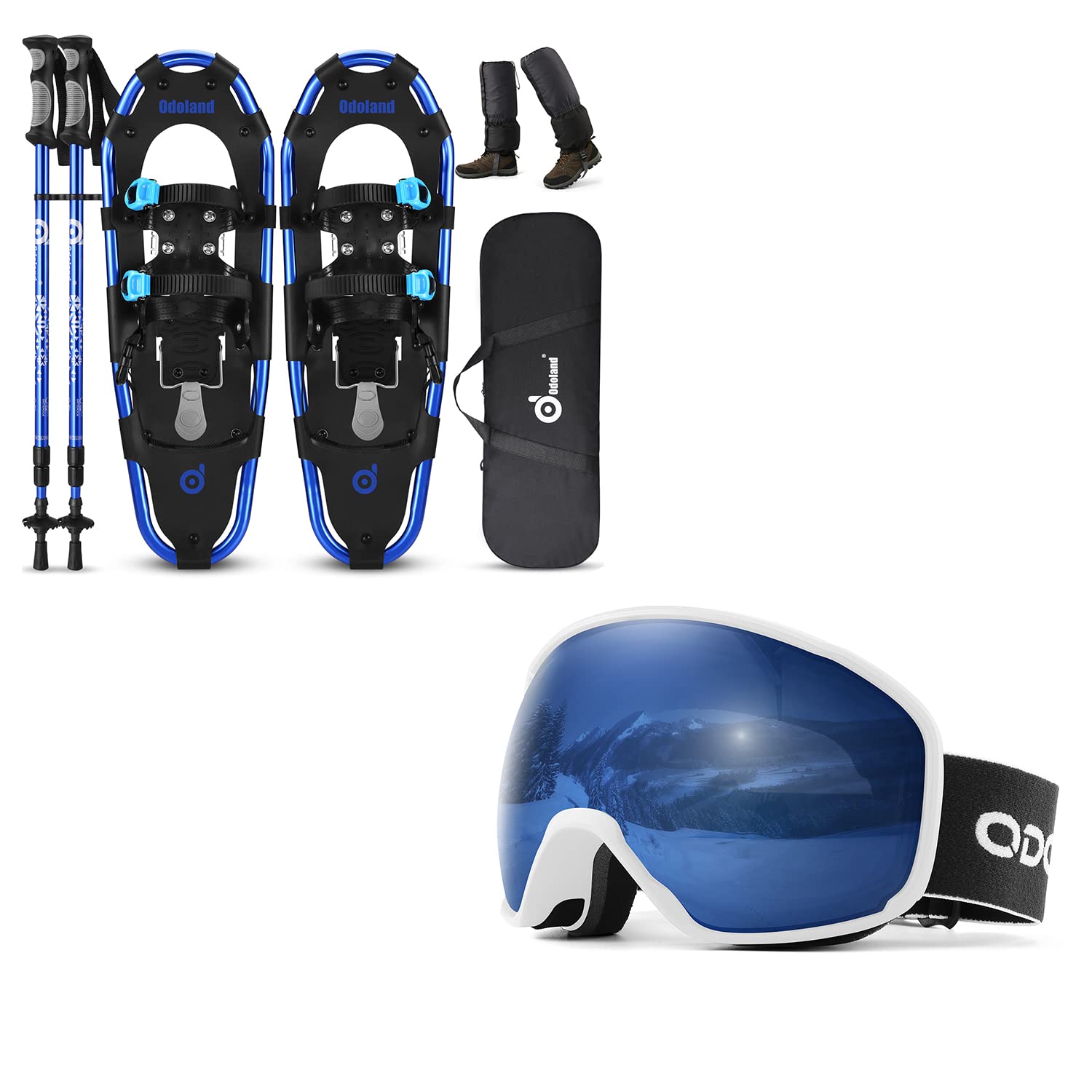 Odoland Bundle - 2 Items 4-in-1 Snowshoes with Trekking Poles, Blue, S and Snow Ski Goggles S2 Double Lens, White Frame Blue Lens VLT 13%