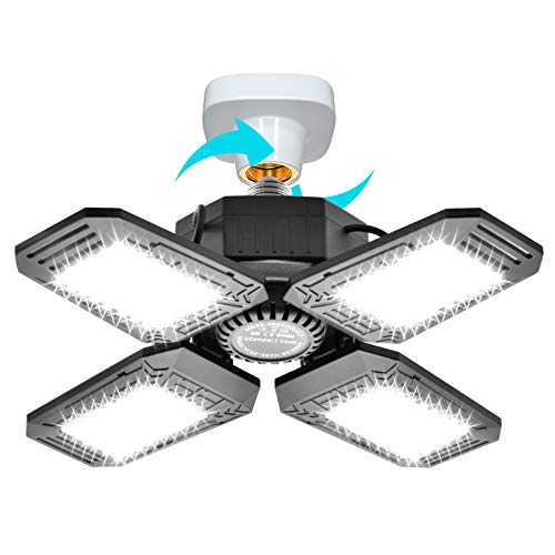 LED Garage Light, Aluminum Alloy Shell 120W Deformable Garage Ceiling Light E26 / E27 Basement with 4 Adjustable LED Panels 12000LM 6500K CRI 80, LED Shop Lights for Warehouse Workshop Barn Basement