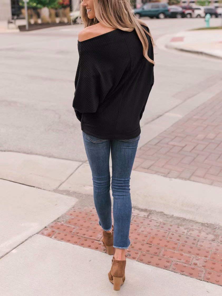 Lacozy Womenâ€s Waffle Knit Off The Shoulder Tops Casual Oversized Long Sleeve Tunic Shirts Pullover Sweaters Black 2X-Large