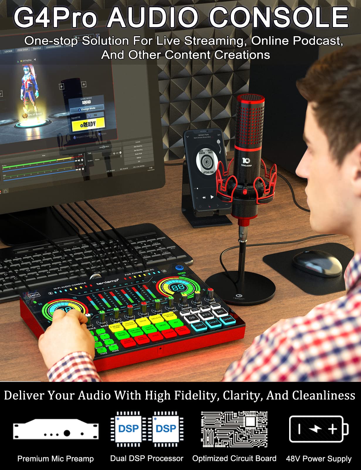Podcast Equipment Bundle Audio Interface with Mixer, tenlamp Audio Mixer with Sound Board