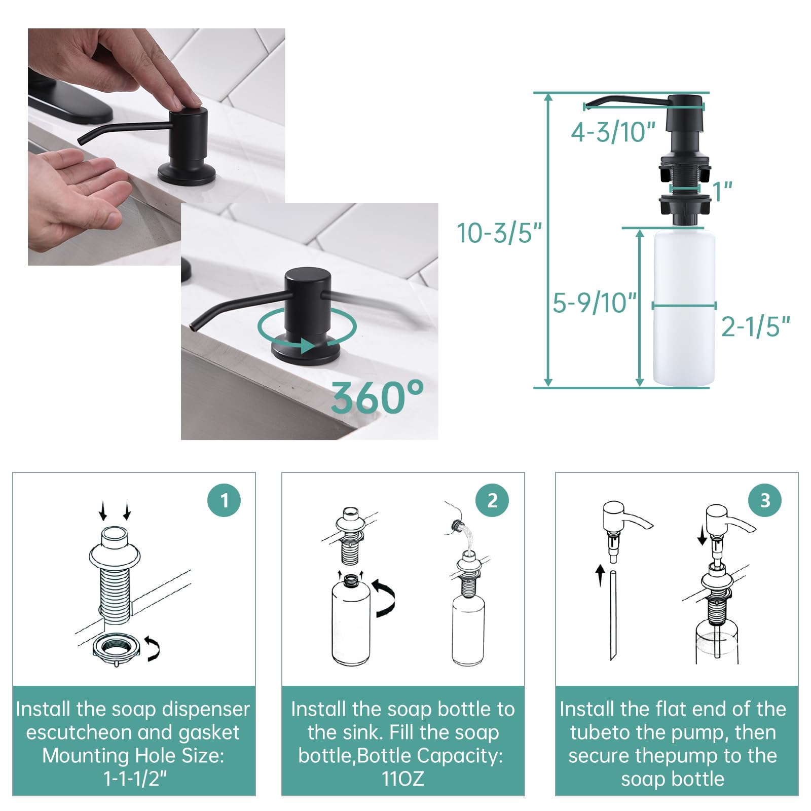 Matte Black Kitchen Faucet with Pull Down Sprayer and Soap Dispenser, DAYONE Single Handle High Arc Stainless Steel Kitchen Faucet Tap, with Escutcheon & 3 Functions, DAY-APS257MB