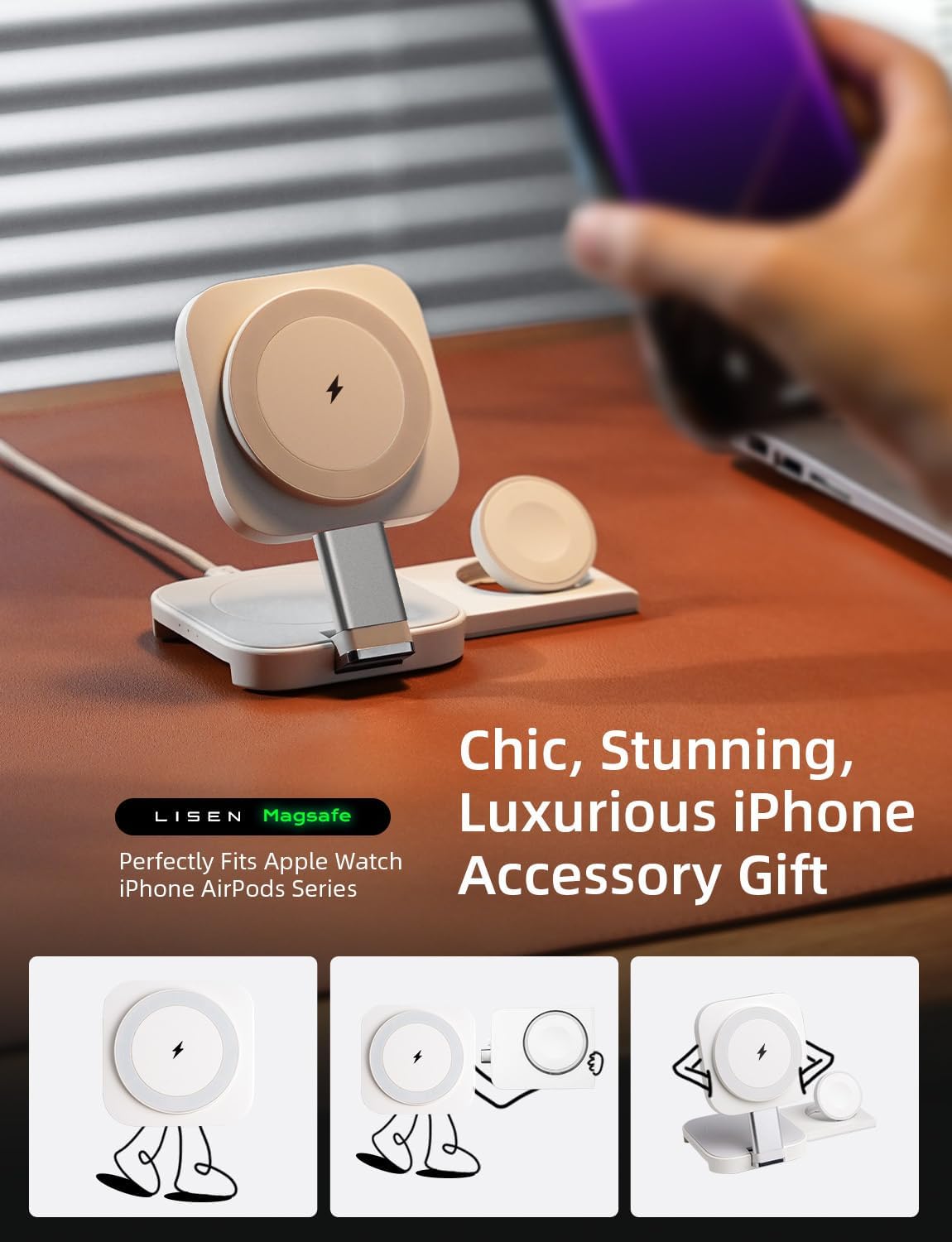 LISEN 3 in 1 Charging Station for Apple Devices Magsafe Wireless Charger Pad for iPhone, Travel Wireless Charging Station for Multiple Devices Fits iPhone 15 Pro Max Magsafe Charger Airpods I Watch