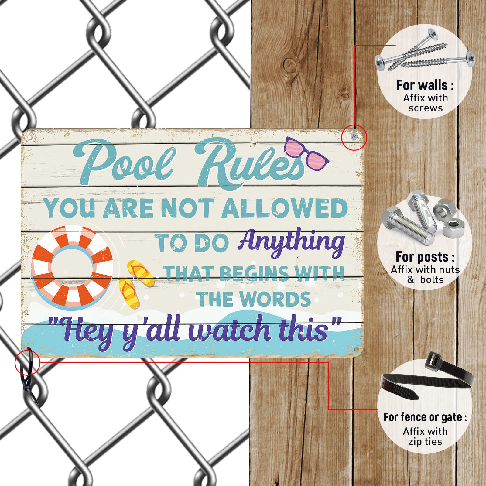 Rousen Pool Decor Sign, Pool Decorations Outdoor, Perfect for Beach, Home, Bar, Pool Deck, and Backyard Walls, Metal Sign Dimensions are 12x8 Inch, 4 Holes for Easy Hanging - Pool Rules