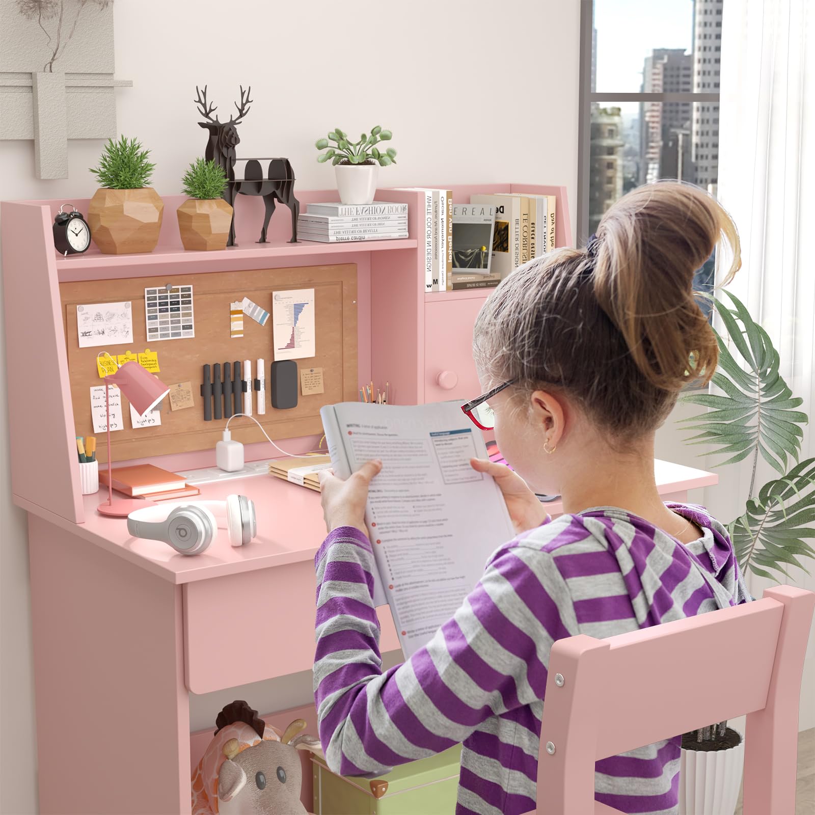 SFDOU Pink Kids Desk and Chair Set for 5-12 Year Old, Childrens Computer Desk with Drawers and Storage Shelf, Kids Study Table with Charging Station