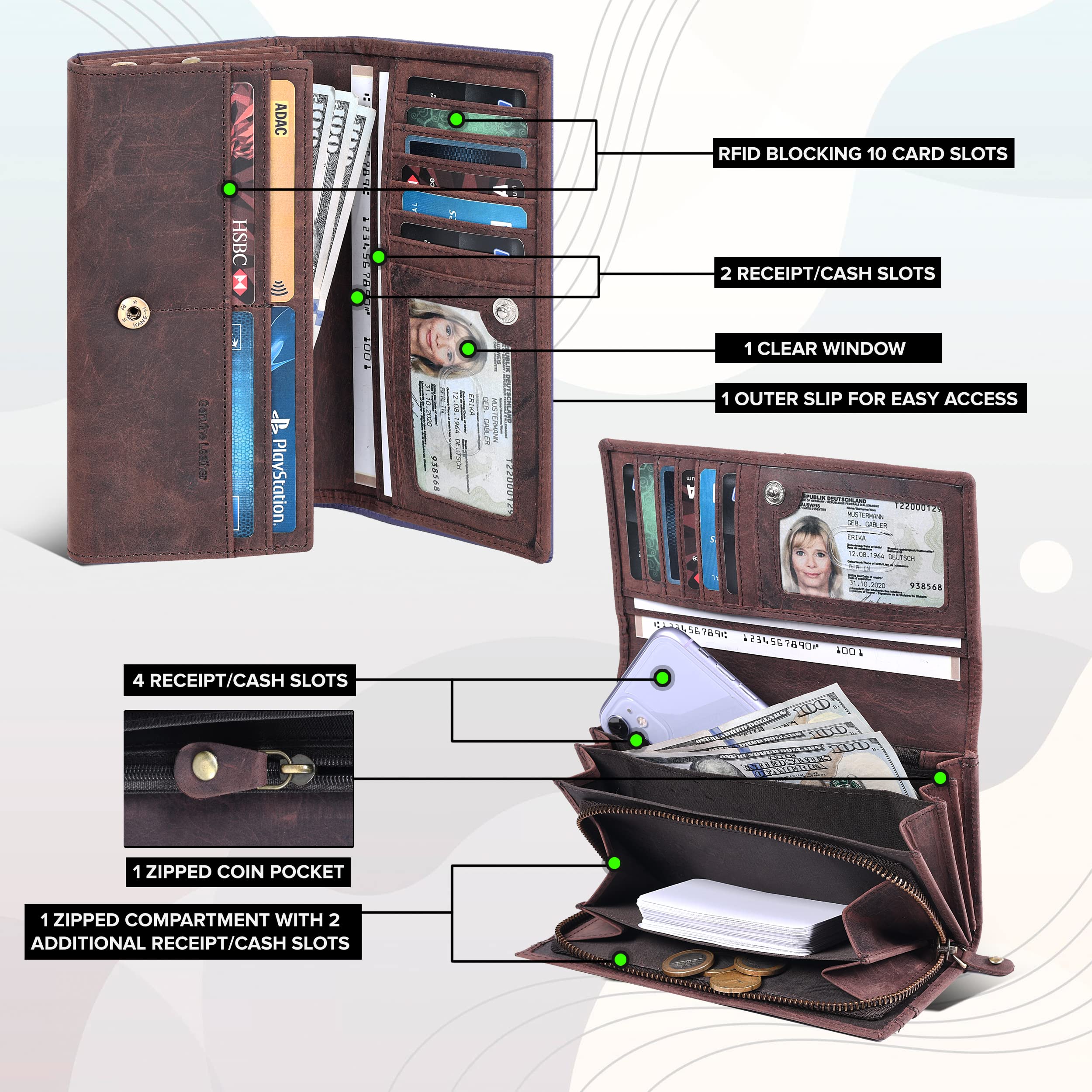 NeoMonte Leather Wallets for Women - RFID Blocking Wallet with 10 Credit Card Slots (Black)