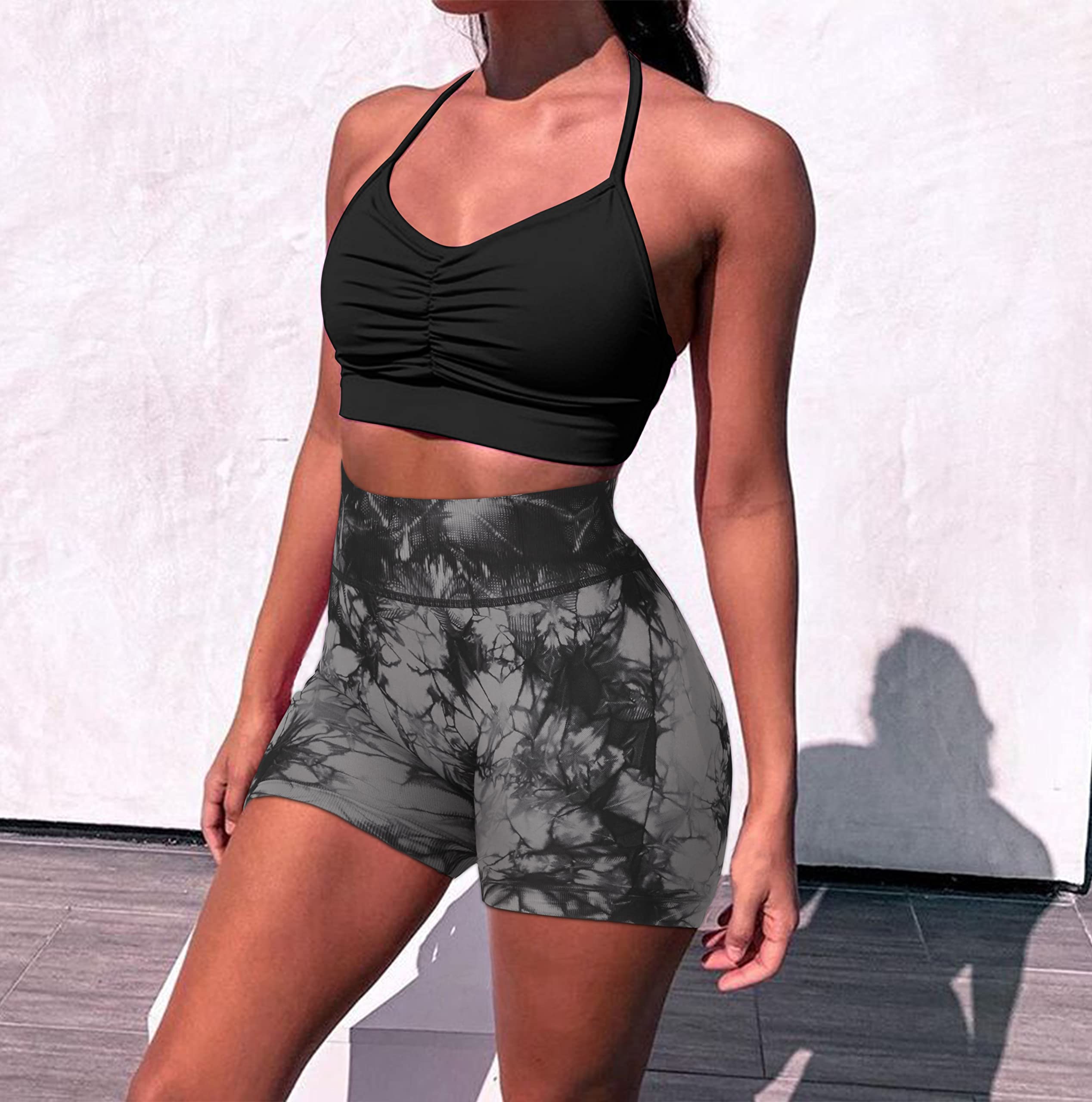 MOSHENGQI Women Booty Workout Shorts High Waisted Gym Yoga Seamless Shorts(M,3" Black Tie Dye